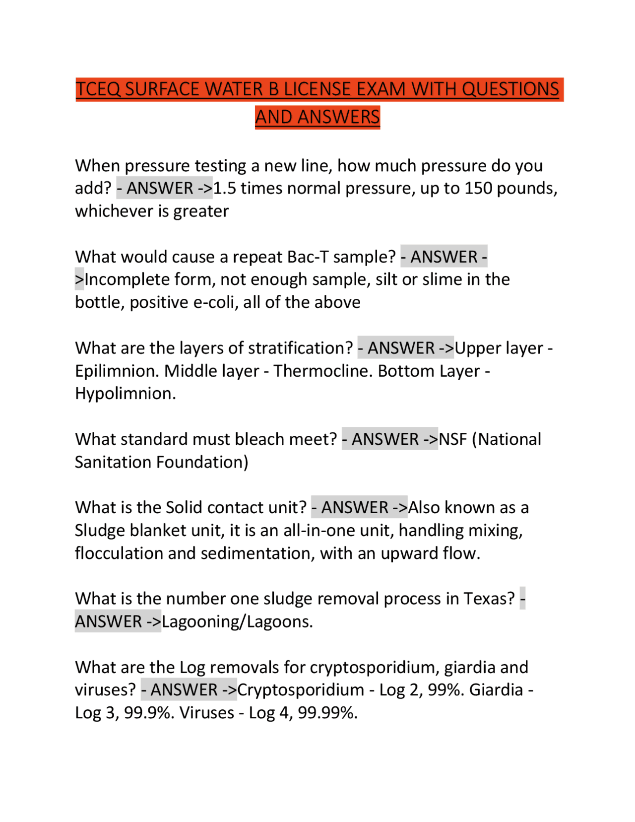 TCEQ Surface Water B License Exam: Questions and Answers | Exams Nursing | Docsity