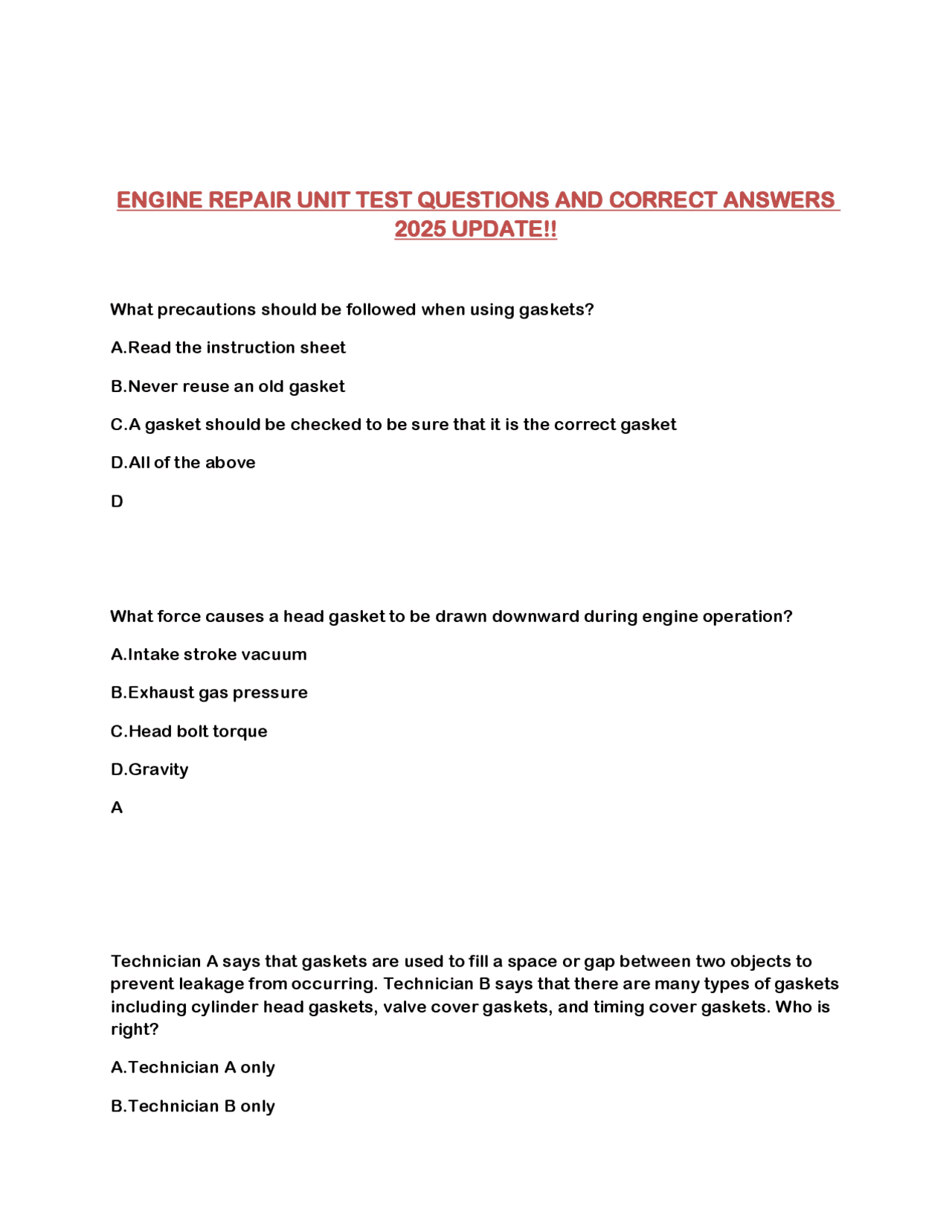 Engine Repair Unit Test: Gaskets and Sealers | Exams Advanced Education ...