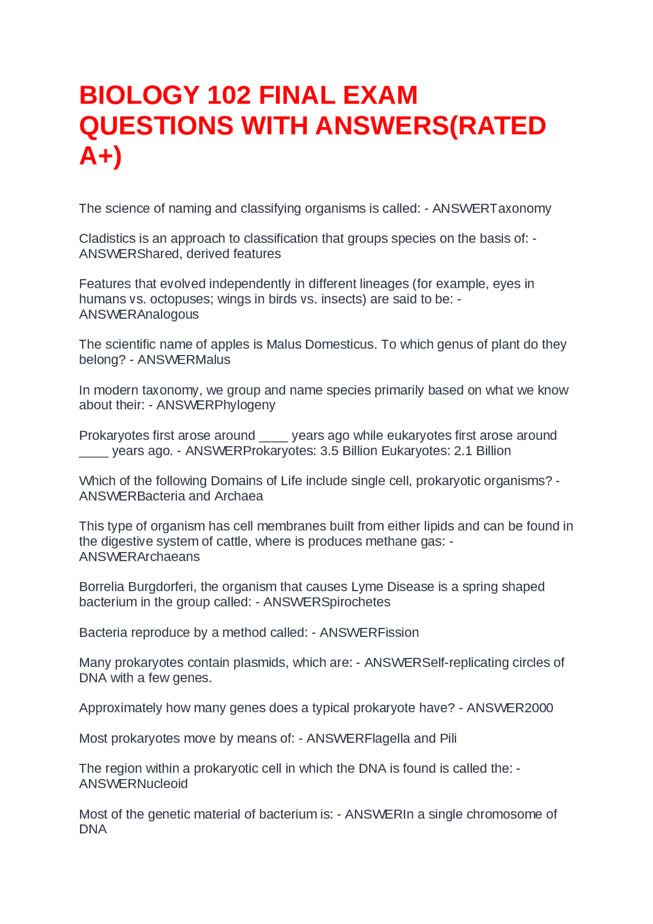 BIOLOGY 102 FINAL EXAM QUESTIONS WITH ANSWERS(RATED A+) | Exams Biology ...