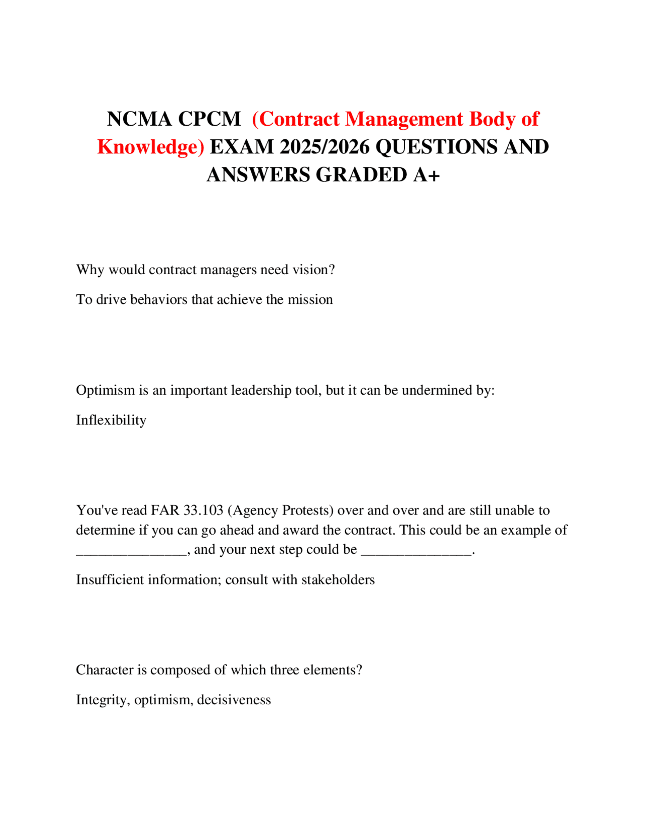 NCMA CPCM (Contract Management Body of Knowledge) EXAM 2025/2026 ...