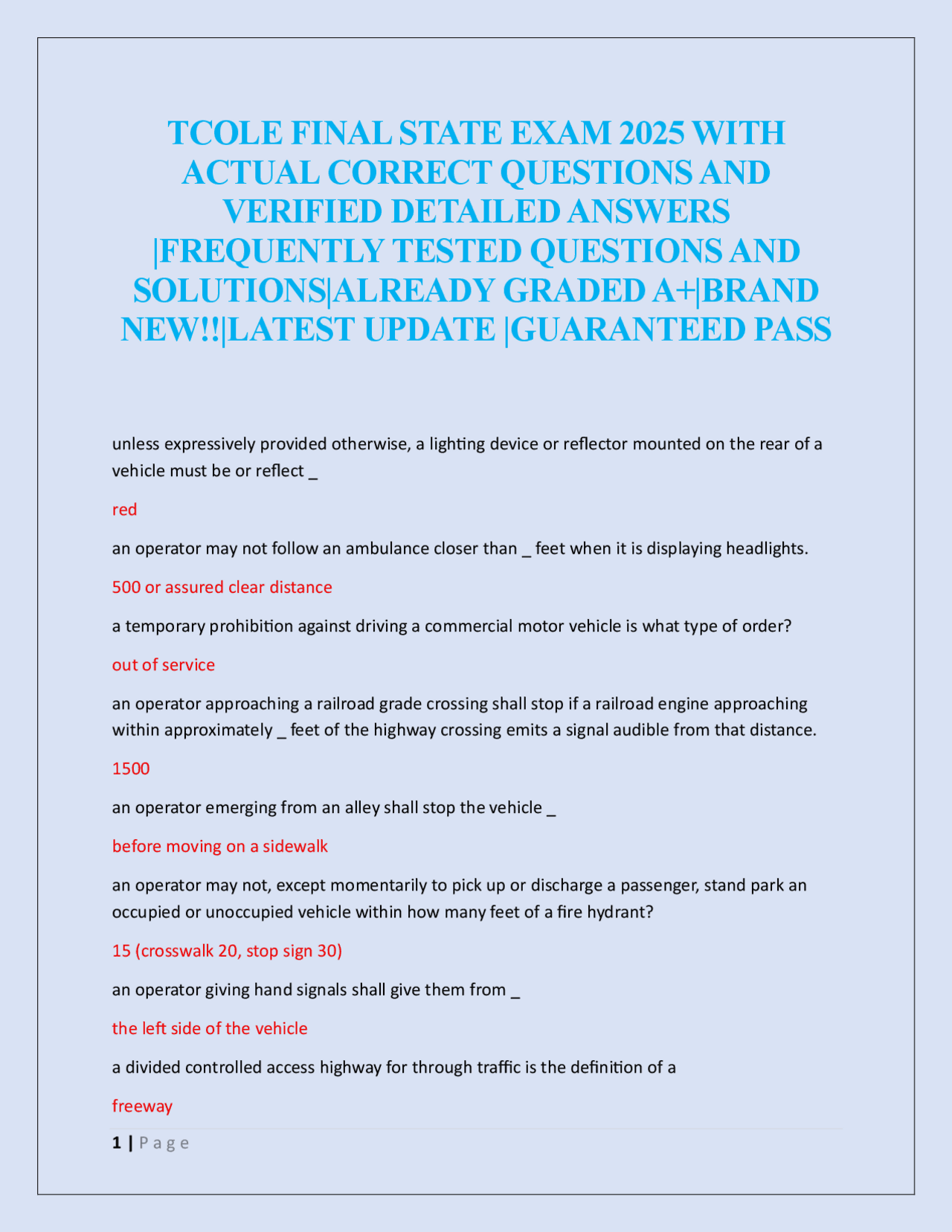 TCOLE FINAL STATE EXAM 2025 | Exams Law | Docsity