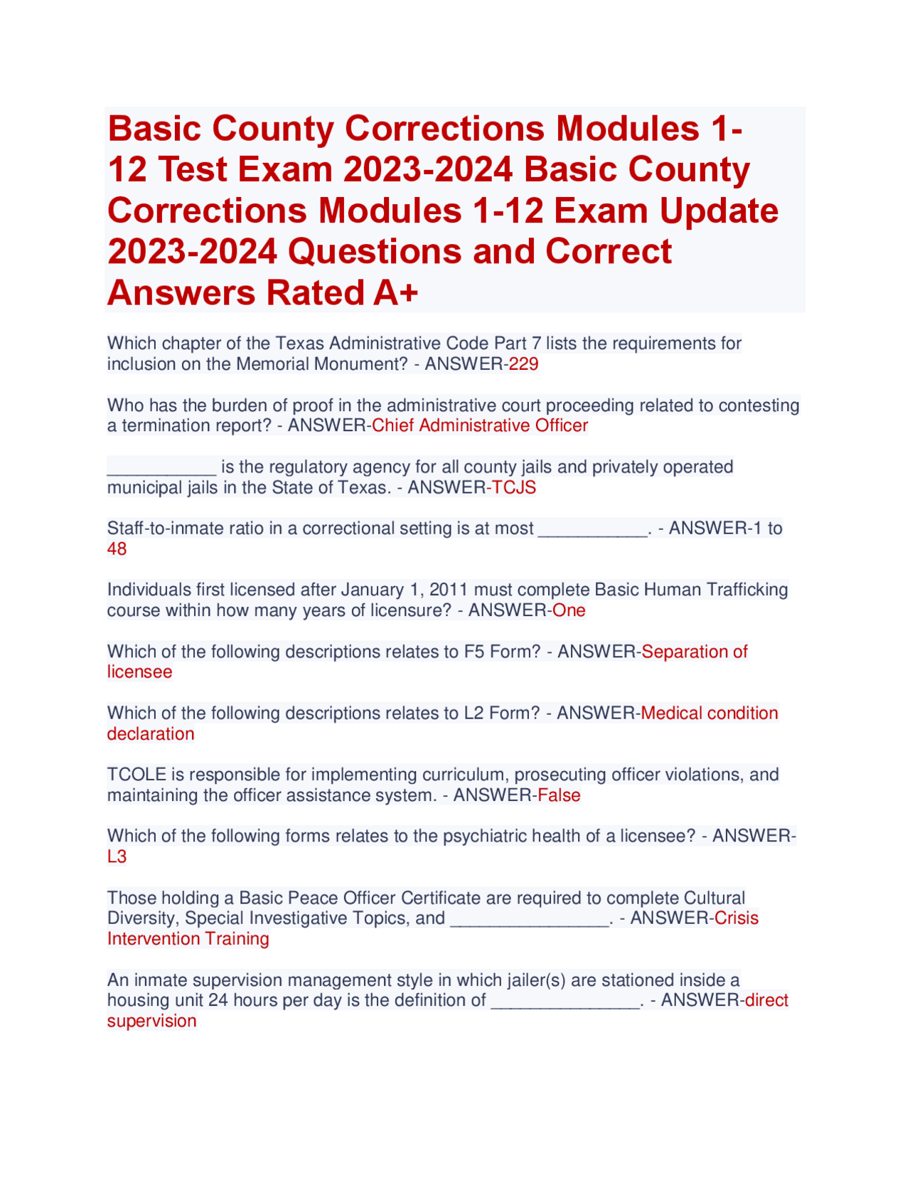 Basic County Corrections Modules 1- 12 Test Exam Questions And Correct ...