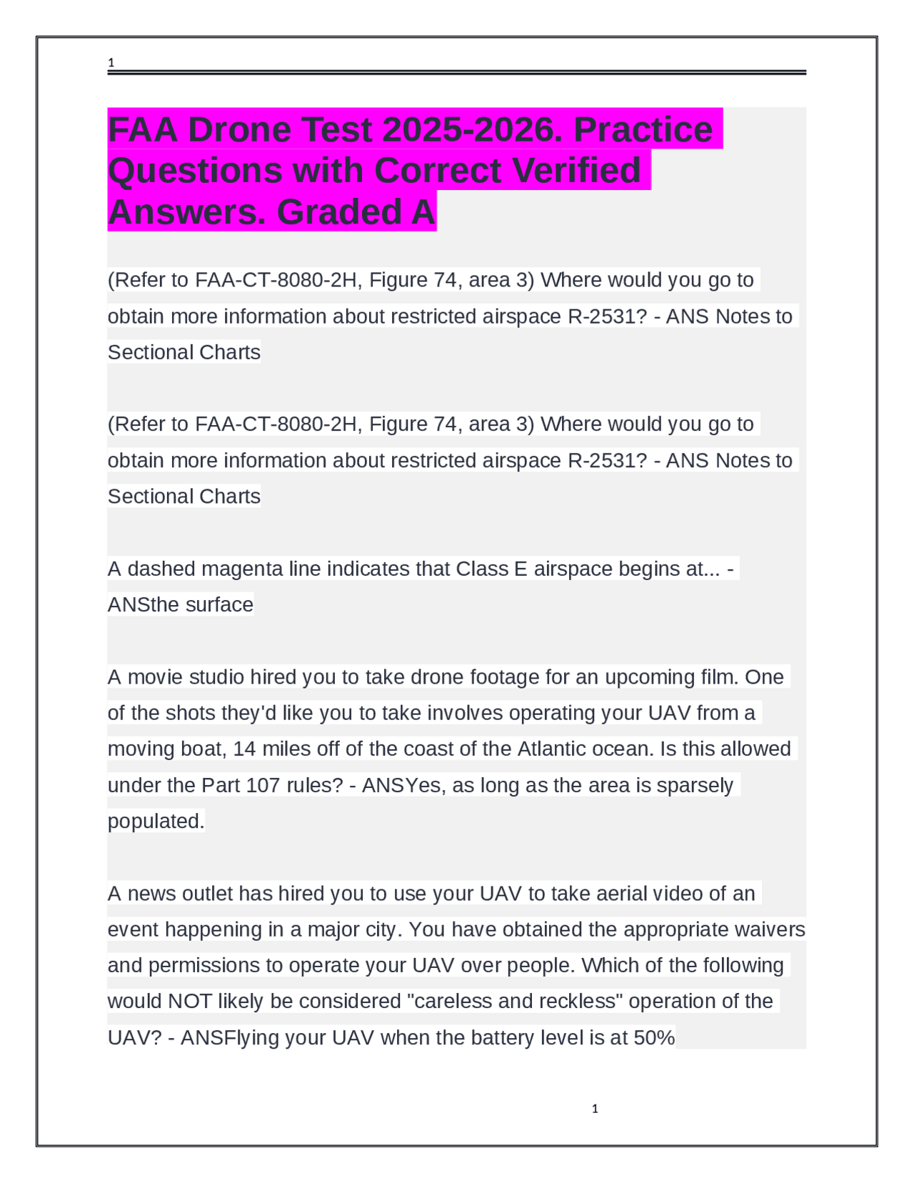 FAA Drone Test 2025-2026. Practice Questions with Correct Verified ...