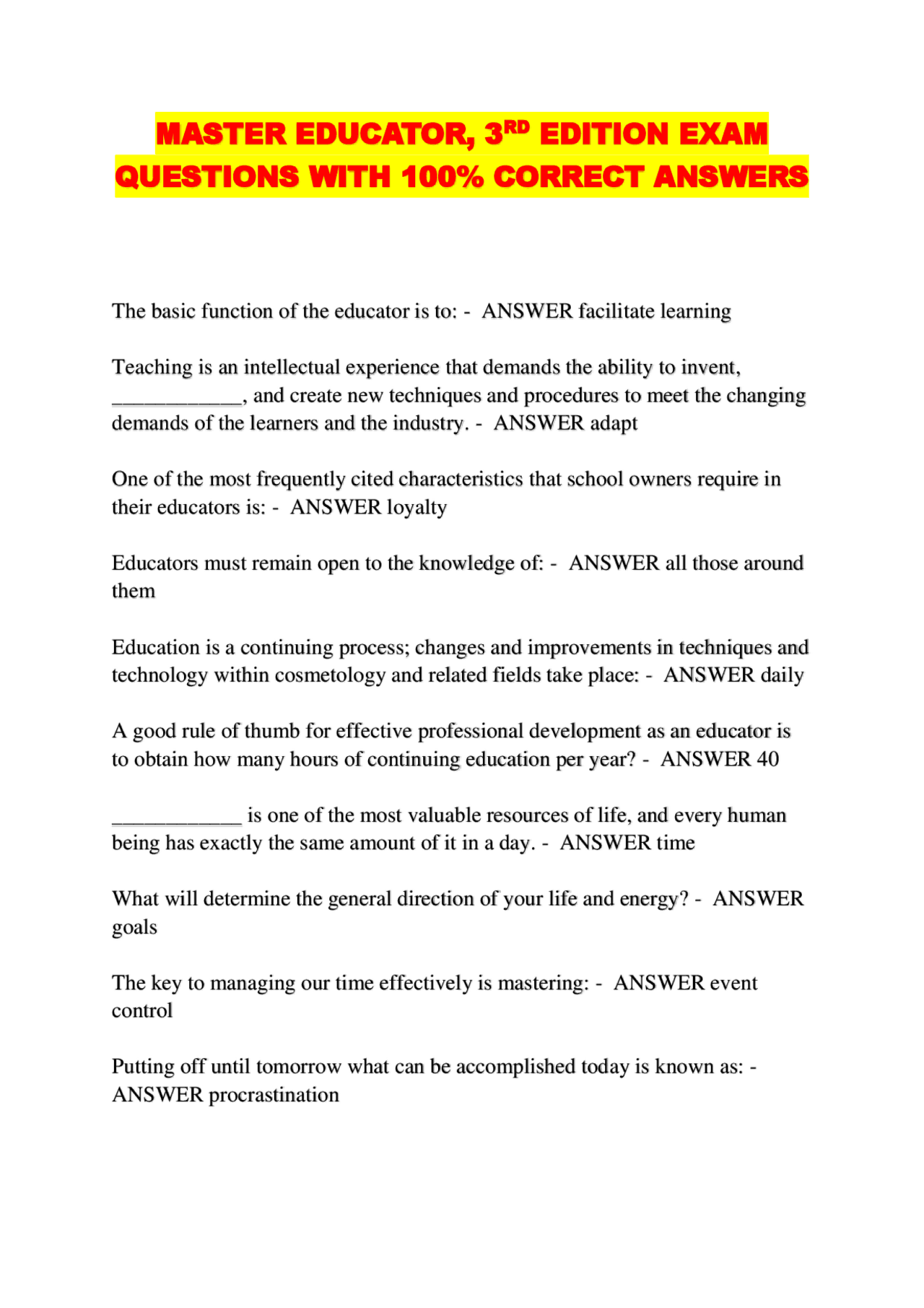 MASTER EDUCATOR, 3RD EDITION EXAM QUESTIONS WITH 100% CORRECT ANSWERS ...