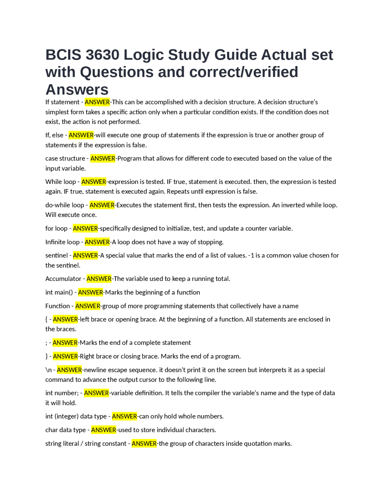 BCIS 3630 Logic Study Guide Actual set with Questions and correct/verified Answers | Exams C ...