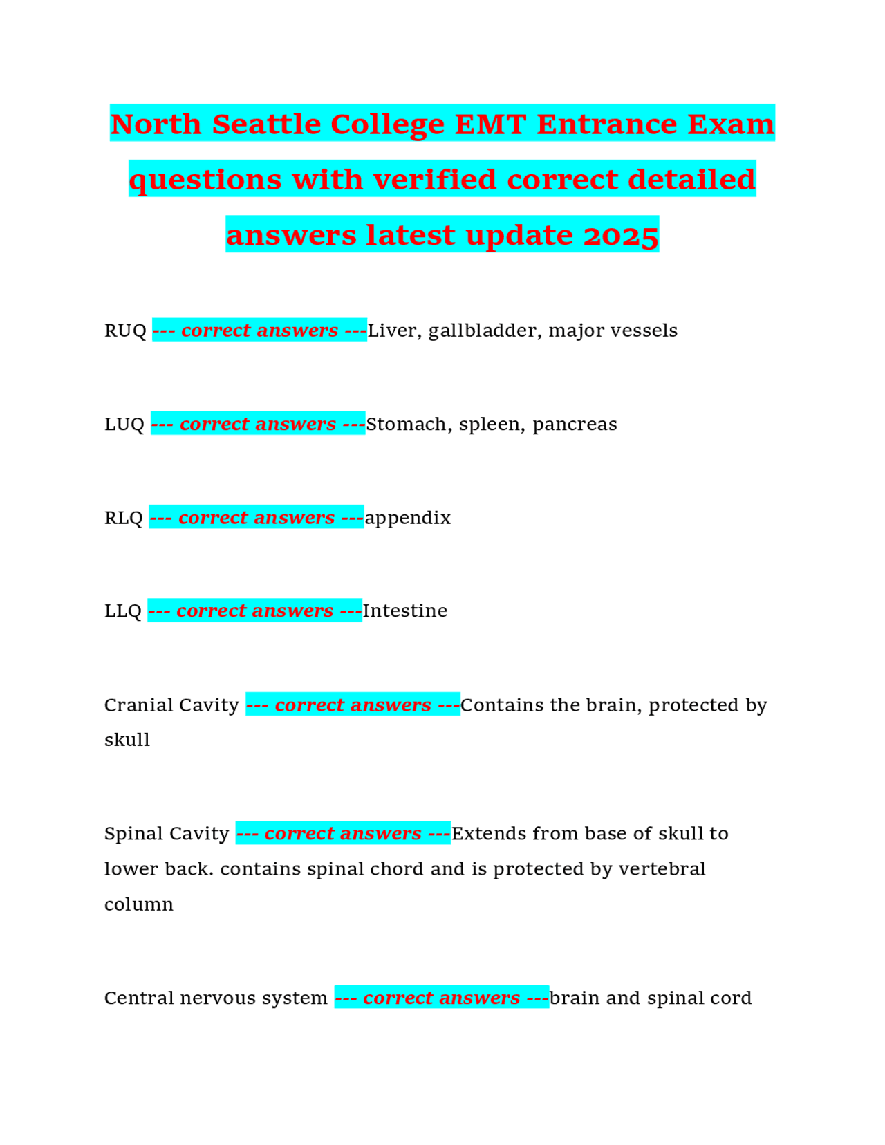 North Seattle College EMT Entrance Exam questions with verified correct ...