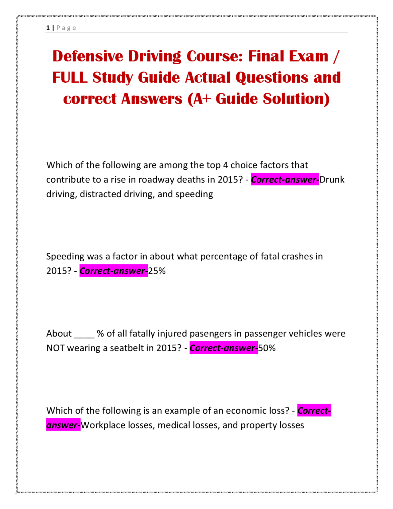 Defensive Driving Course: Final Exam / FULL Study Guide Actual ...