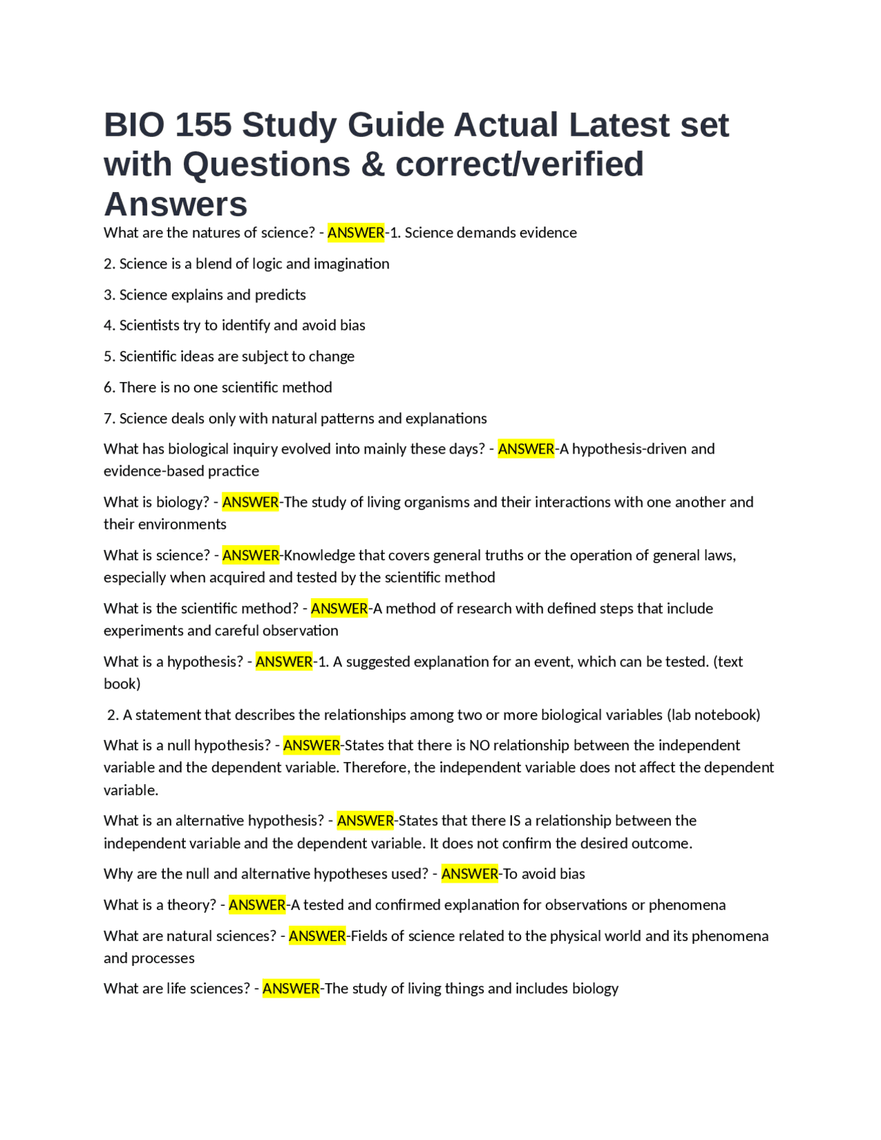 BIO 155 Study Guide Actual Latest set with Questions & correct/verified ...