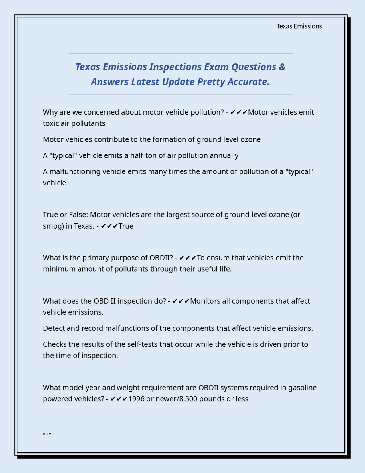Texas Emissions Inspections Exam Questions & Answers Latest Update ...