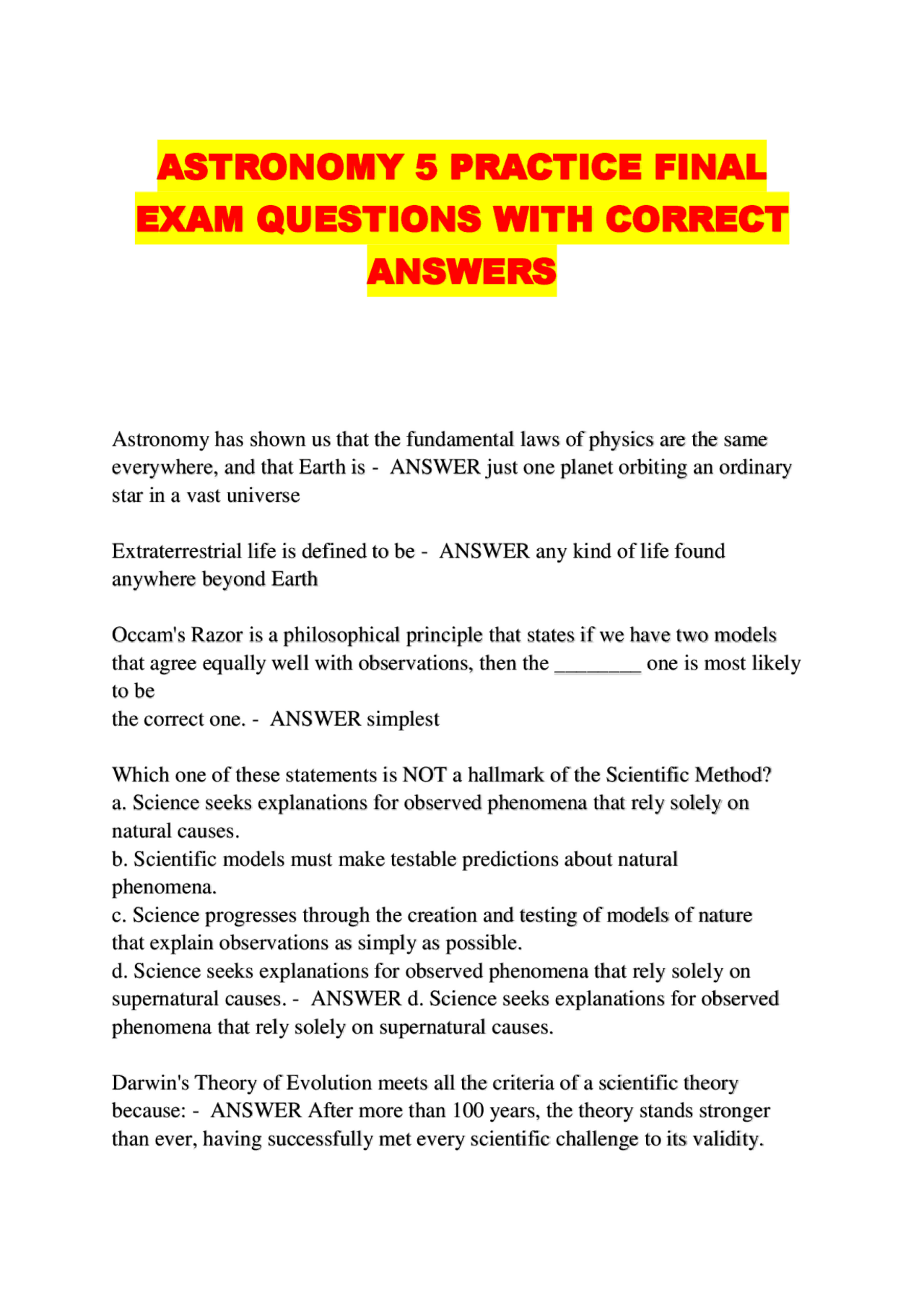 ASTRONOMY 5 PRACTICE FINAL EXAM QUESTIONS WITH CORRECT ANSWERS | Exams Astronomy | Docsity