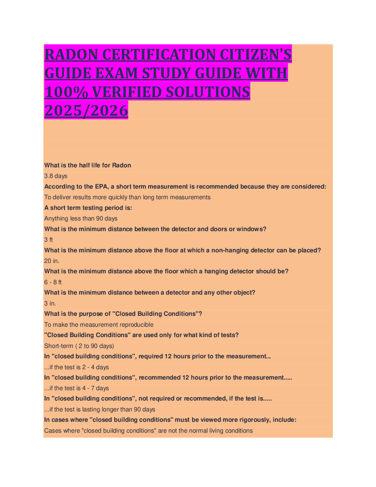RADON CERTIFICATION CITIZEN'S GUIDE EXAM STUDY GUIDE WITH 100% VERIFIED ...