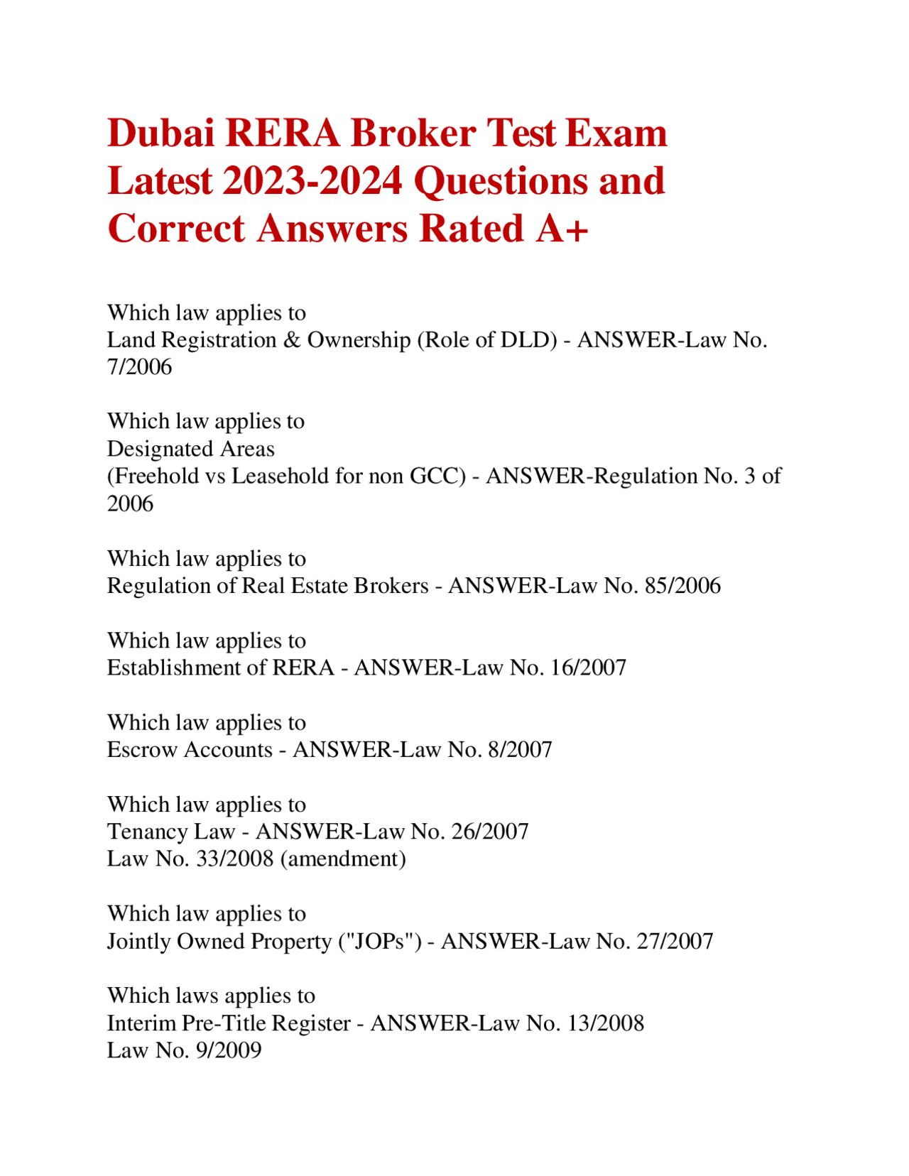 Dubai RERA Broker Test Exam Latest 2024-2025 best exam rated A+ | Exams ...