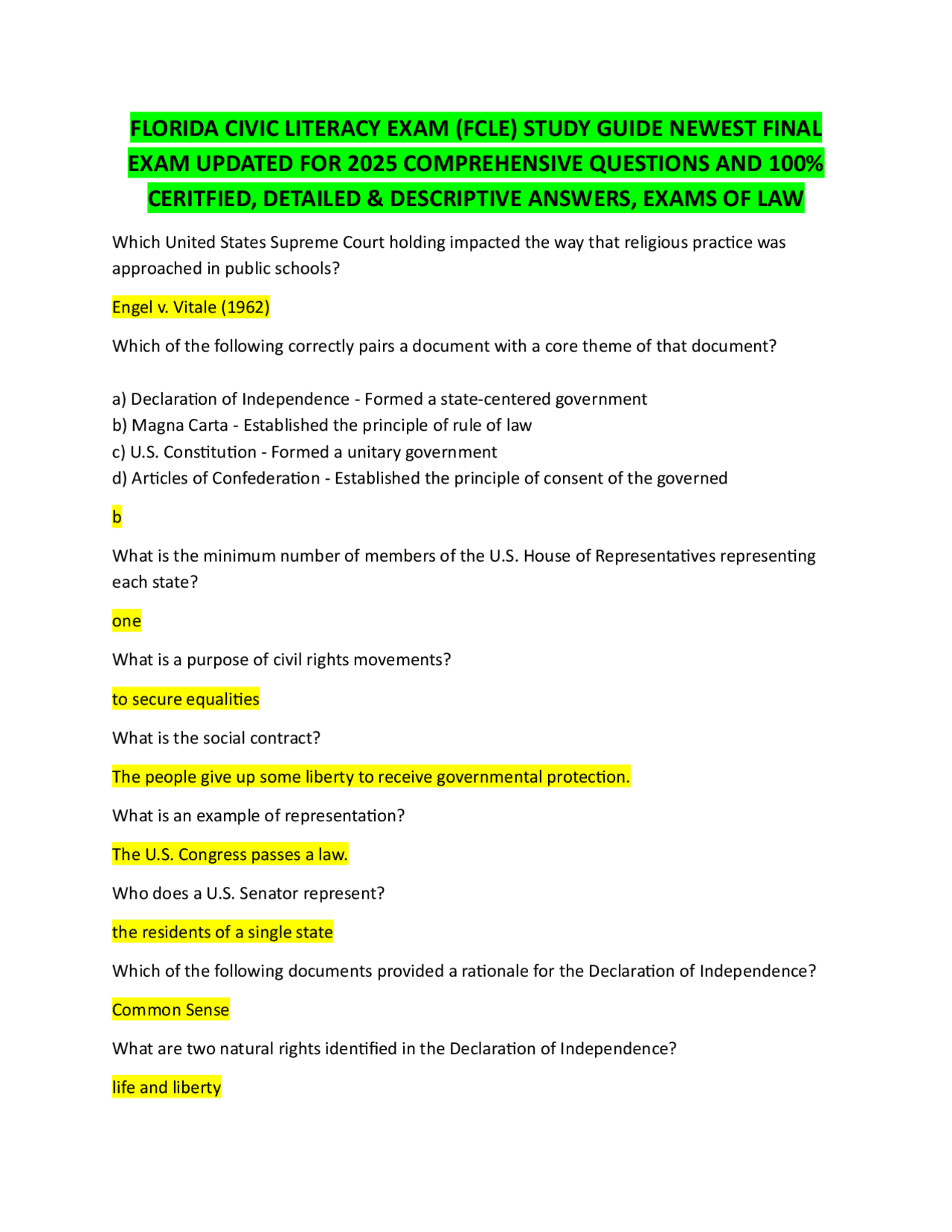 FLORIDA CIVIC LITERACY EXAM (FCLE) STUDY GUIDE NEWEST FINAL EXAM ...