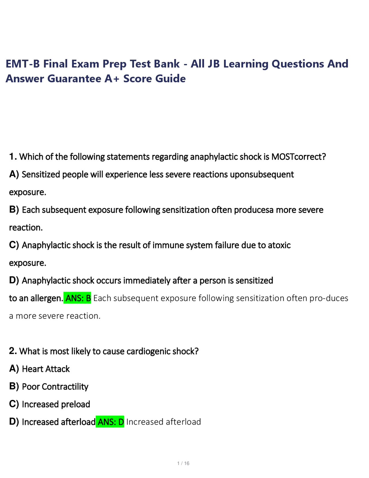 EMT-B Final Exam Prep Test Bank - All JB Learning Questions And Answer ...