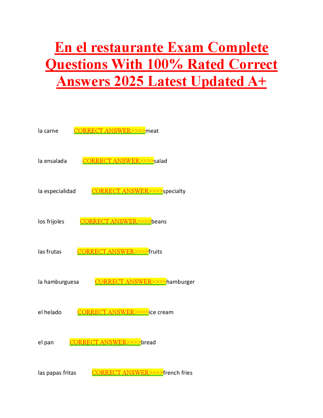 En el restaurante Exam Complete Questions With 100% Rated Correct ...