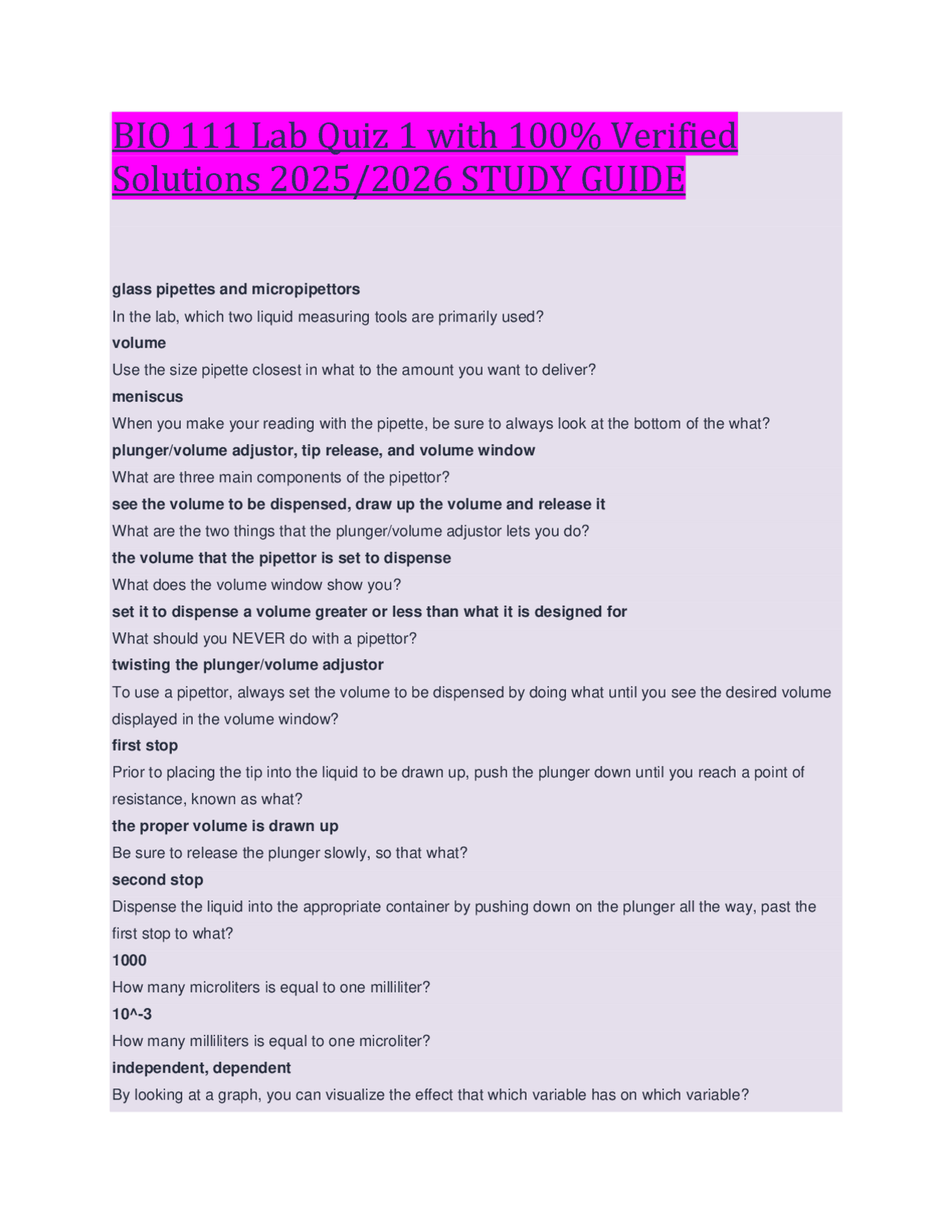 BIO 111 Lab Quiz 1 with 100% Verified Solutions 2025/2026 STUDY GUIDE ...