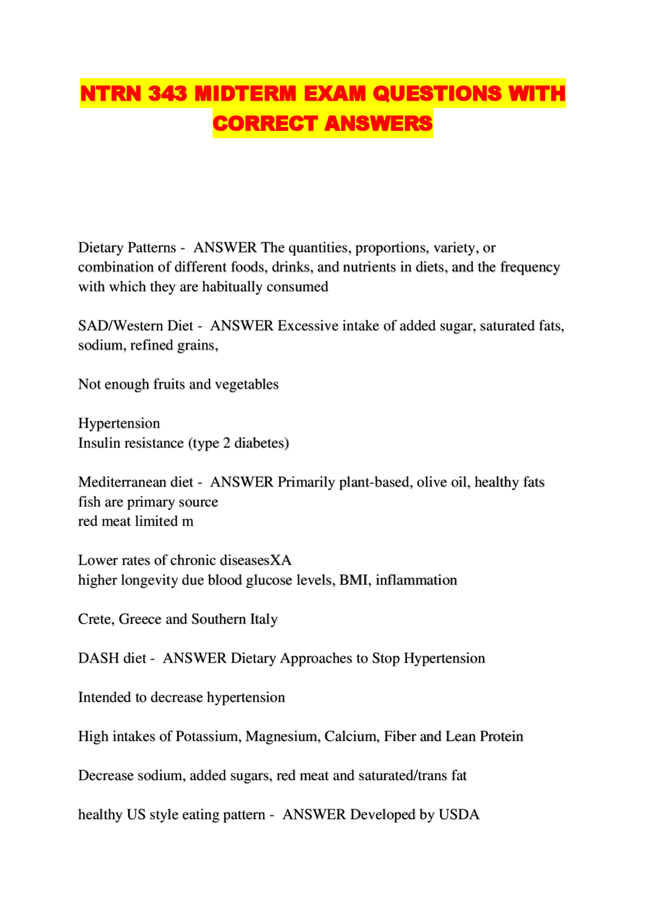 Dietary Patterns and Guidelines: Midterm Exam Q&A | Exams Nutrition ...