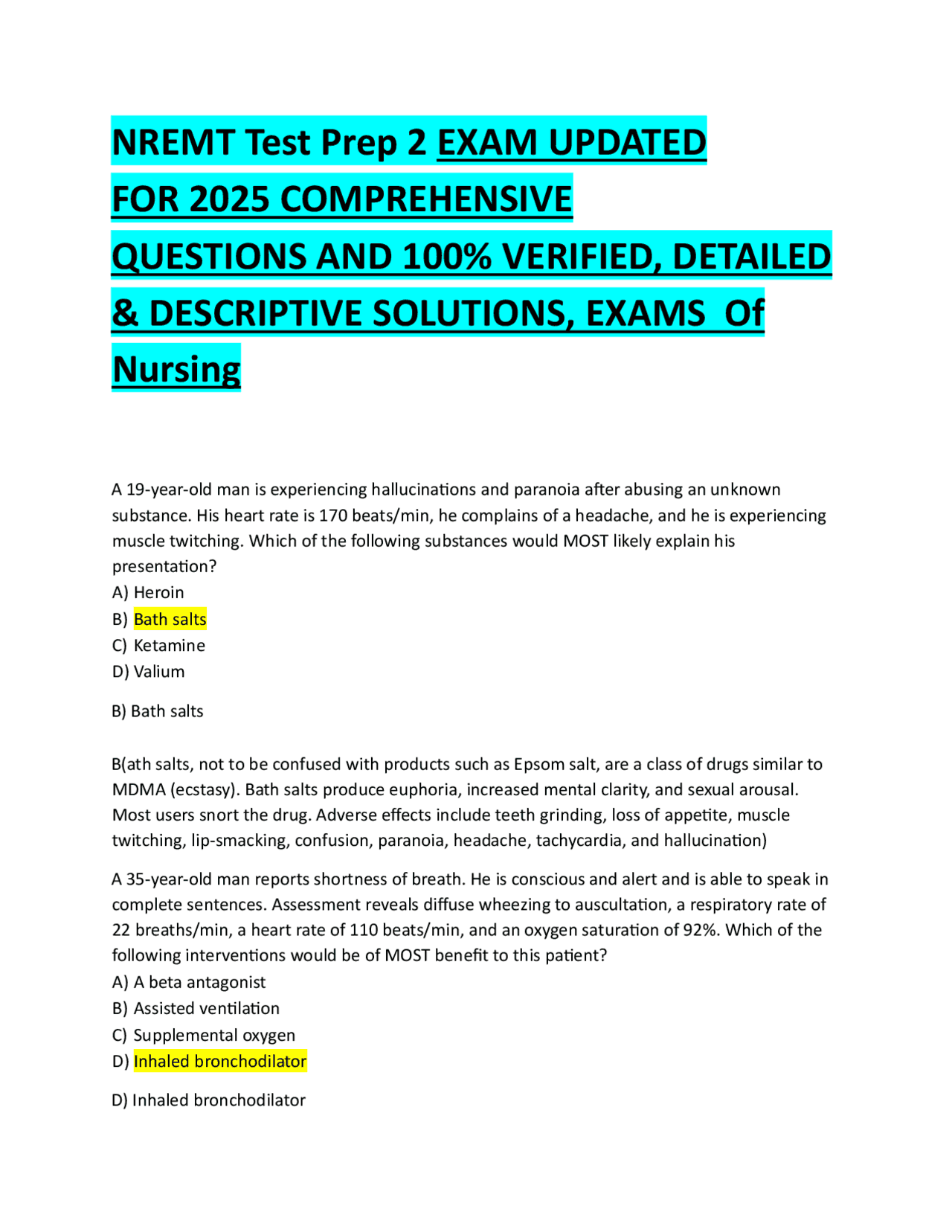 NREMT Test Prep 2 EXAM UPDATED FOR 2025 COMPREHENSIVE QUESTIONS AND 100 ...