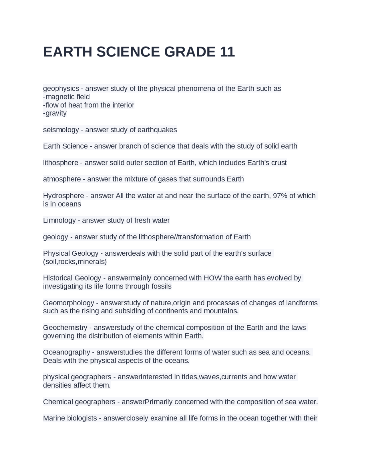 EARTH SCIENCE GRADE 11 QUESTIONS AND ANSWERS 100% SOLVED | Exams ...