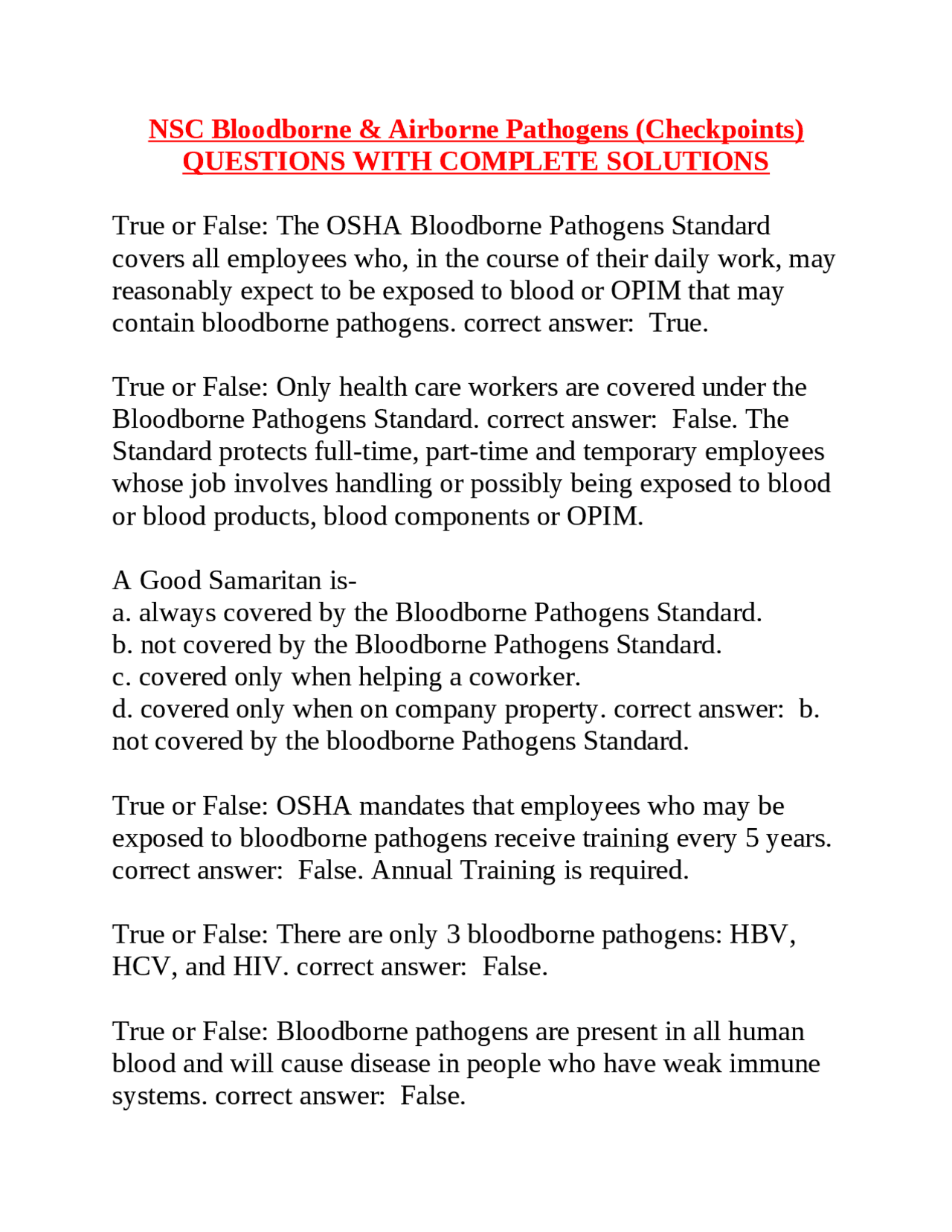 NSC Bloodborne & Airborne Pathogens (Checkpoints) QUESTIONS WITH ...
