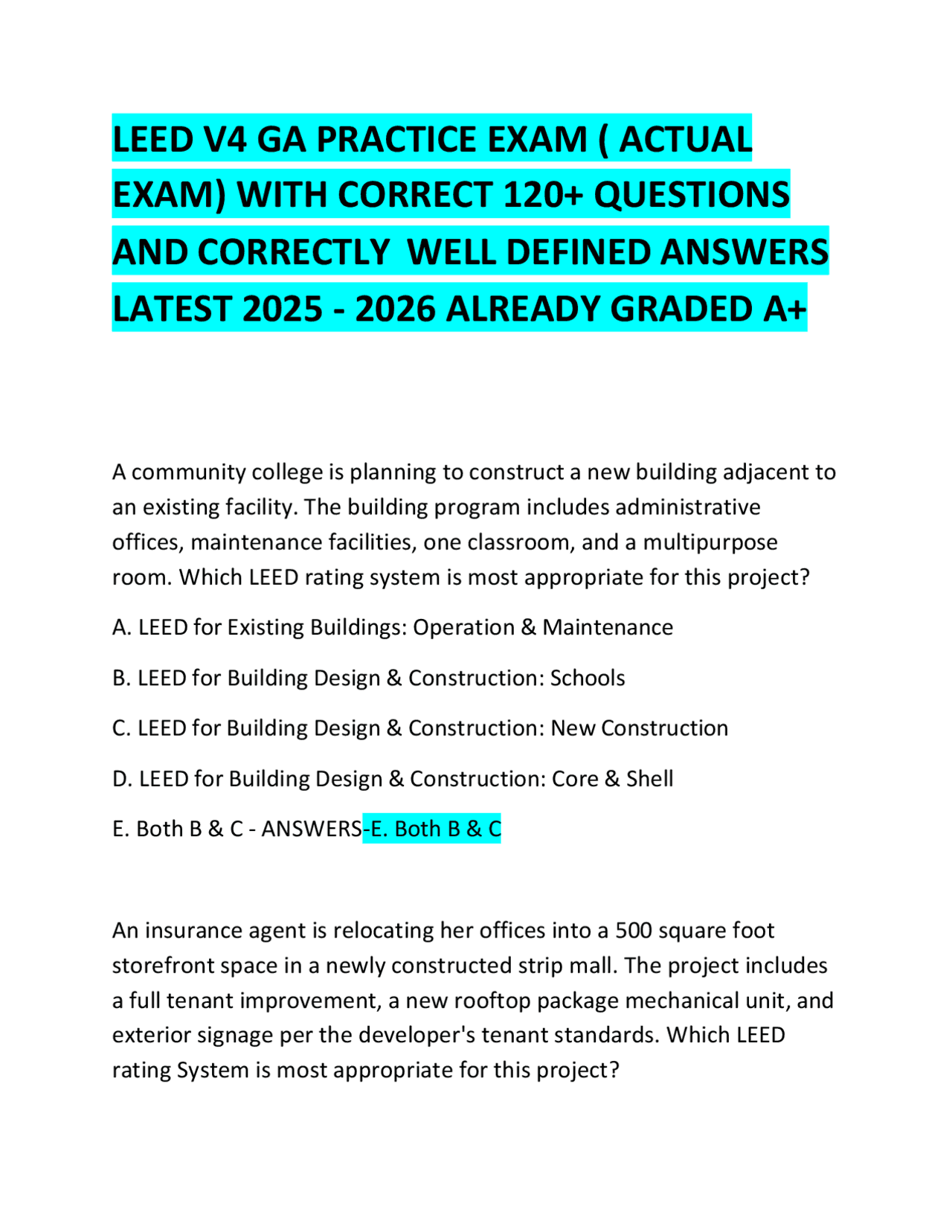 LEED V4 GA PRACTICE EXAM ( ACTUAL EXAM) WITH CORRECT 120+ QUESTIONS ...