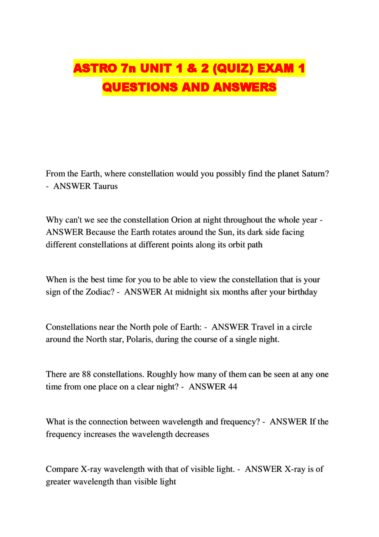 ASTRO 7n UNIT 1 & 2 (QUIZ) EXAM 1 QUESTIONS AND ANSWERS | Exams ...