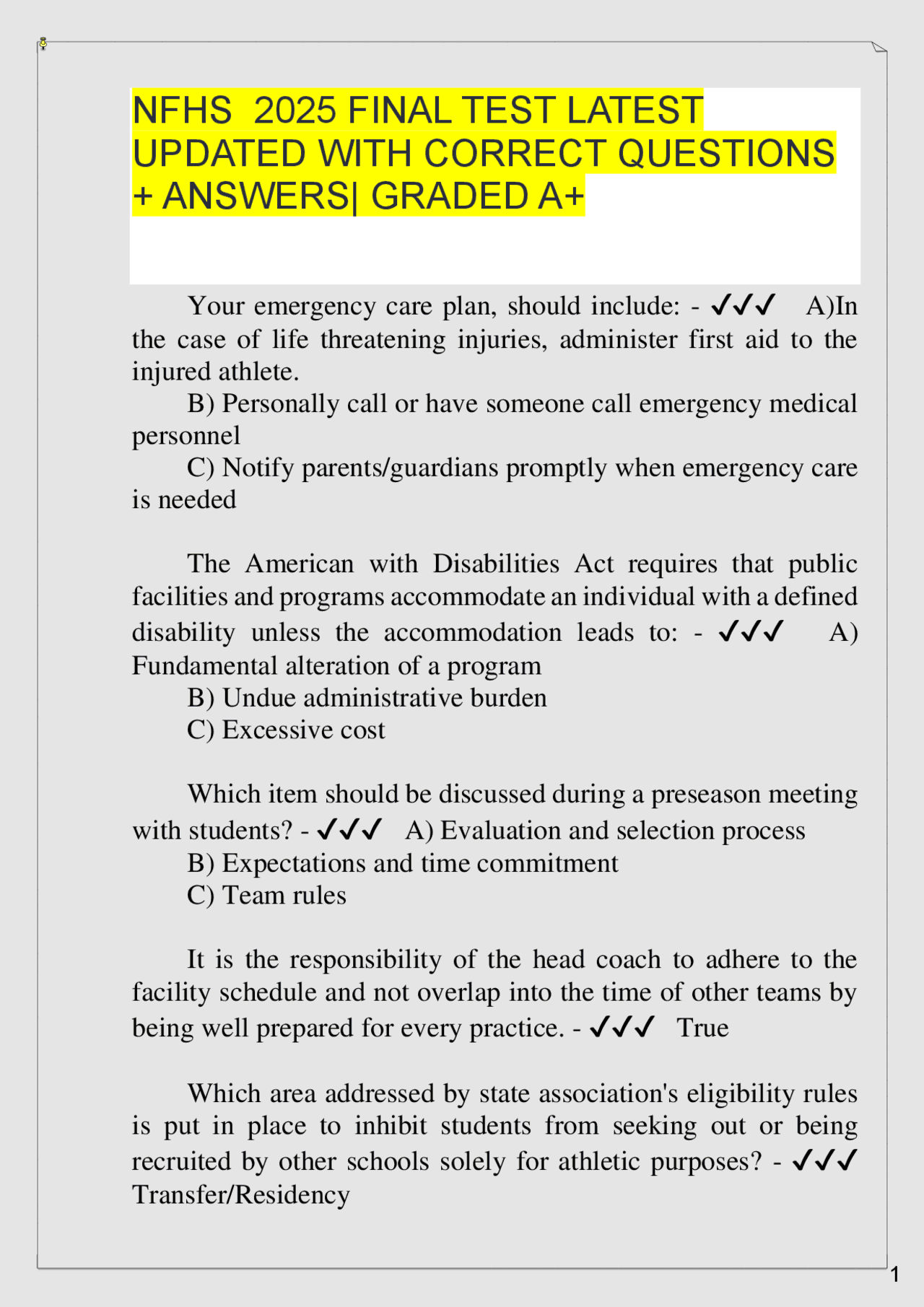 NFHS 2025 FINAL TEST LATEST UPDATED WITH CORRECT QUESTIONS + ANSWERS ...