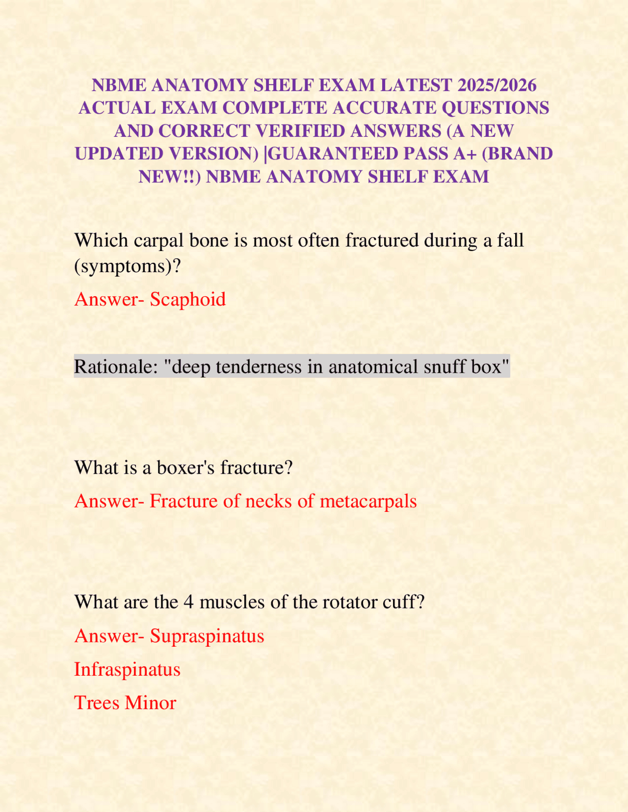 NBME Anatomy Shelf Exam: Q&A for Medical Students | Exams Nursing | Docsity