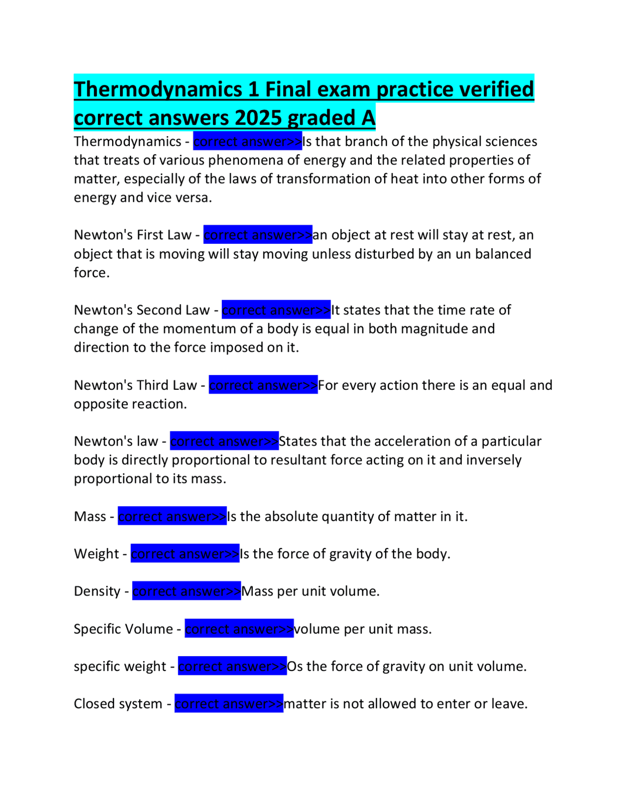 Thermodynamics 1 Final exam practice verified correct answers 2025 ...