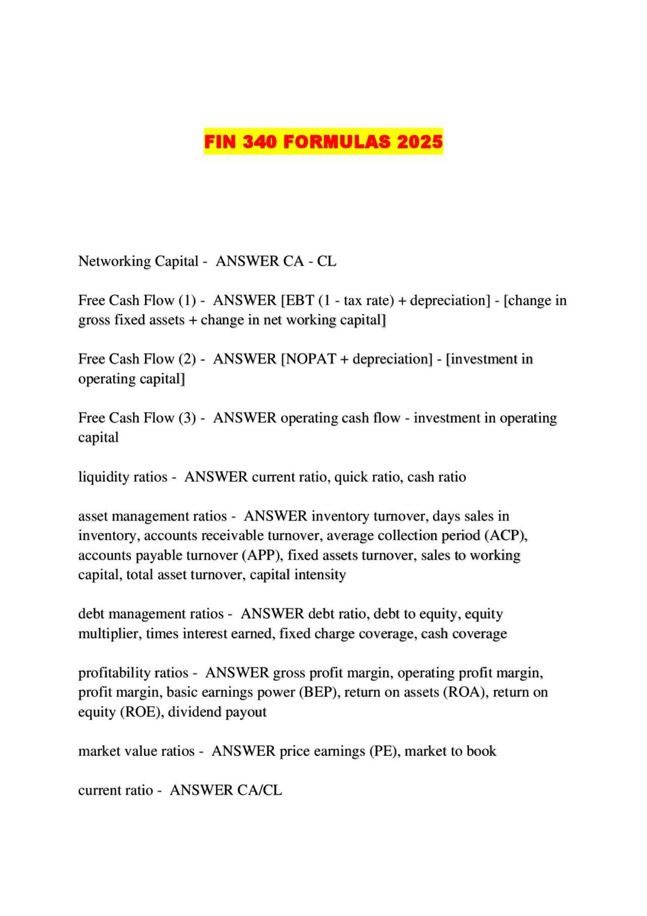 Financial Ratio Formulas: A Quick Reference Guide | Exams Finance | Docsity