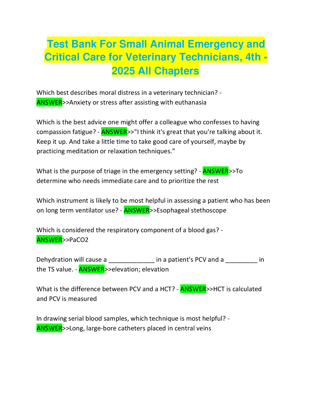 Test Bank For Small Animal Emergency and Critical Care for Veterinary ...