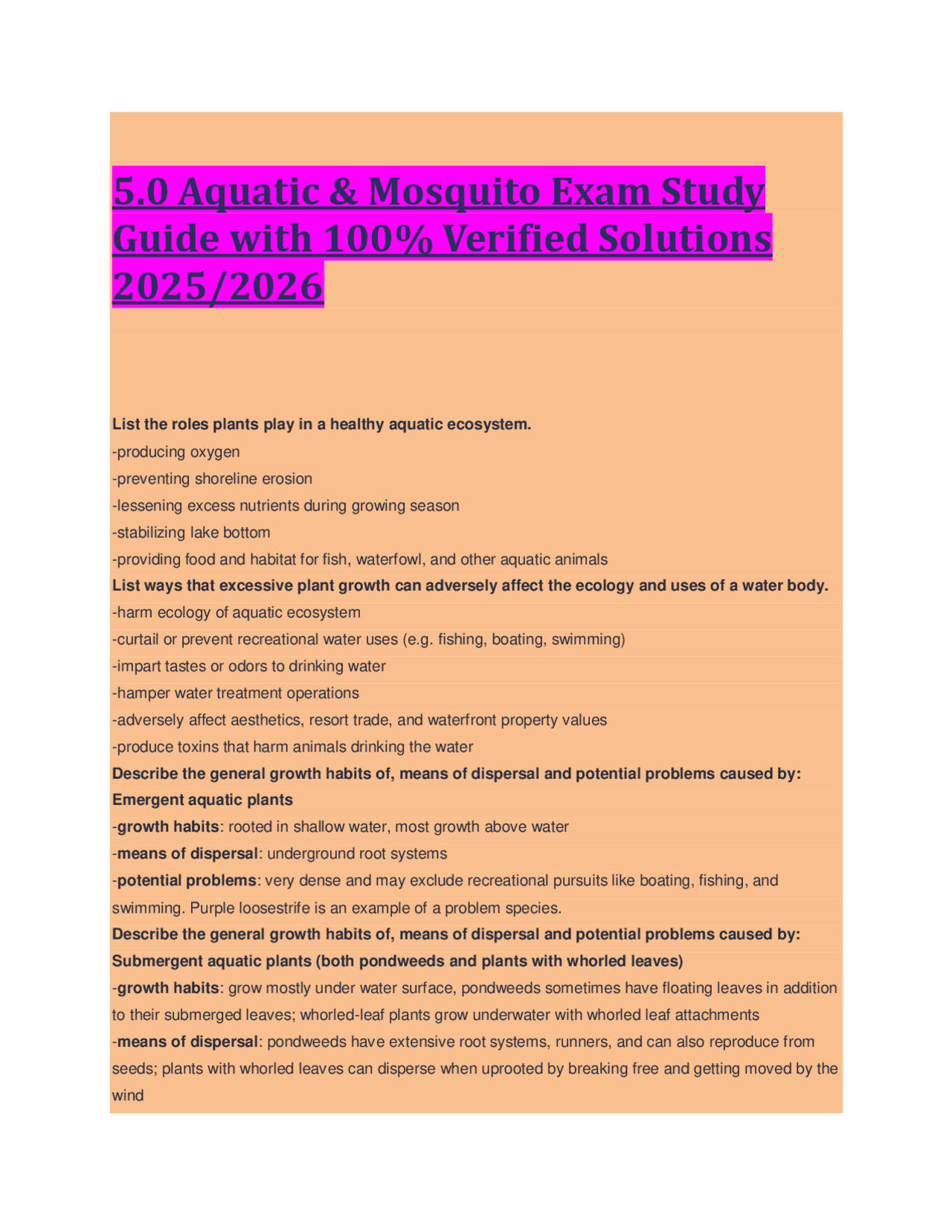 5.0 Aquatic & Mosquito Exam Study Guide with 100% Verified Solutions ...