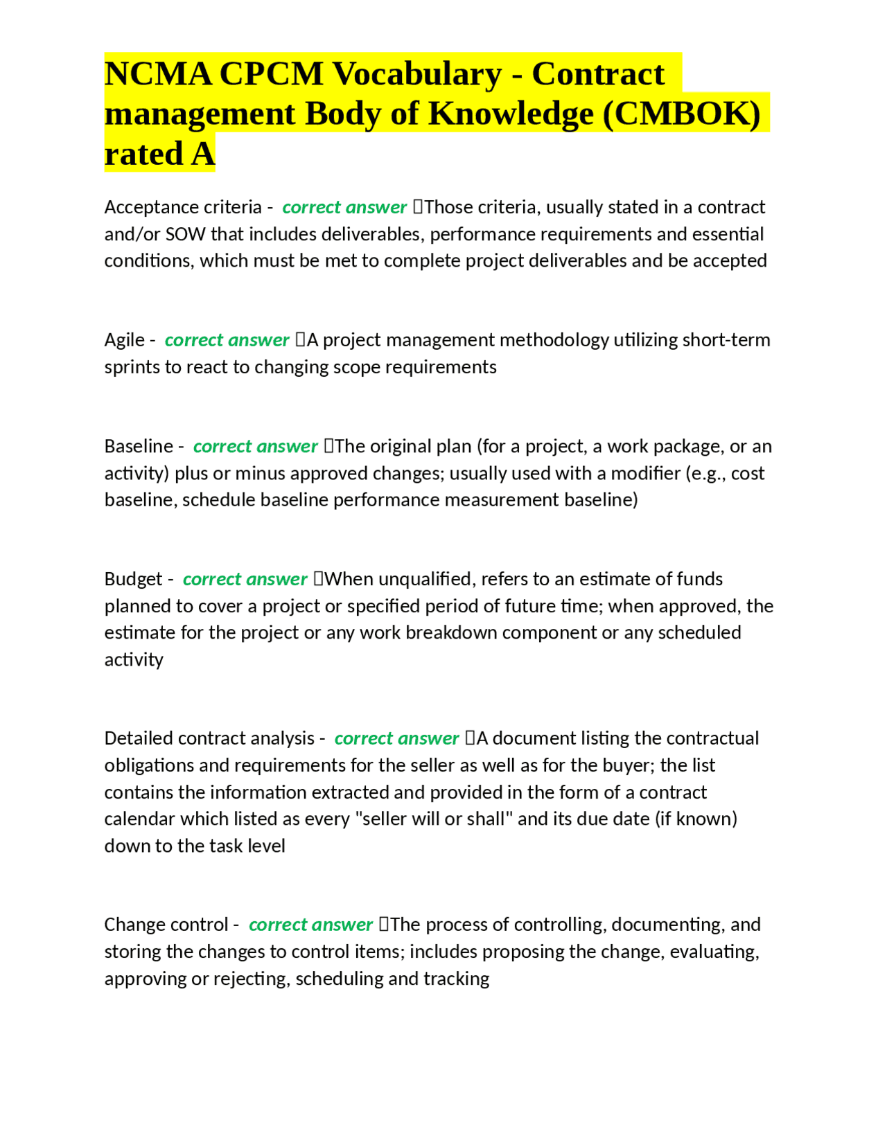 NCMA CPCM Vocabulary - Contract management Body of Knowledge (CMBOK) rated A | Exams Nursing ...