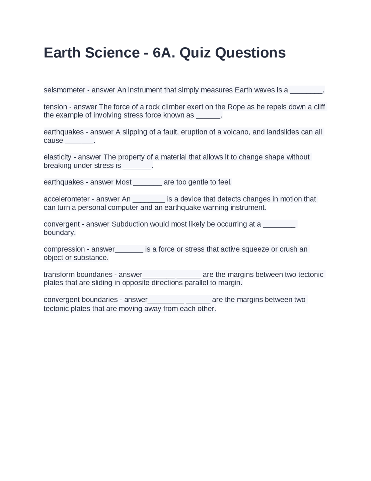 Earth Science - 6A. Quiz Questions and Answers 100% Solved | Exams ...