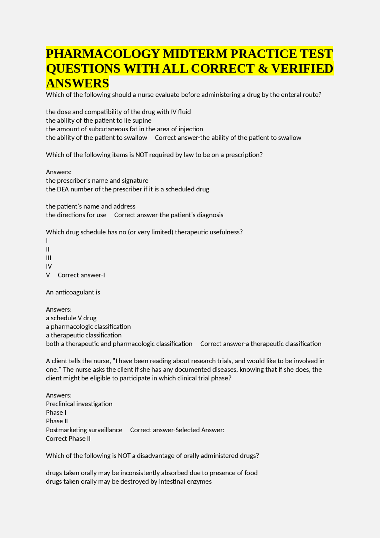 PHARMACOLOGY MIDTERM PRACTICE TEST QUESTIONS WITH ALL CORRECT ...