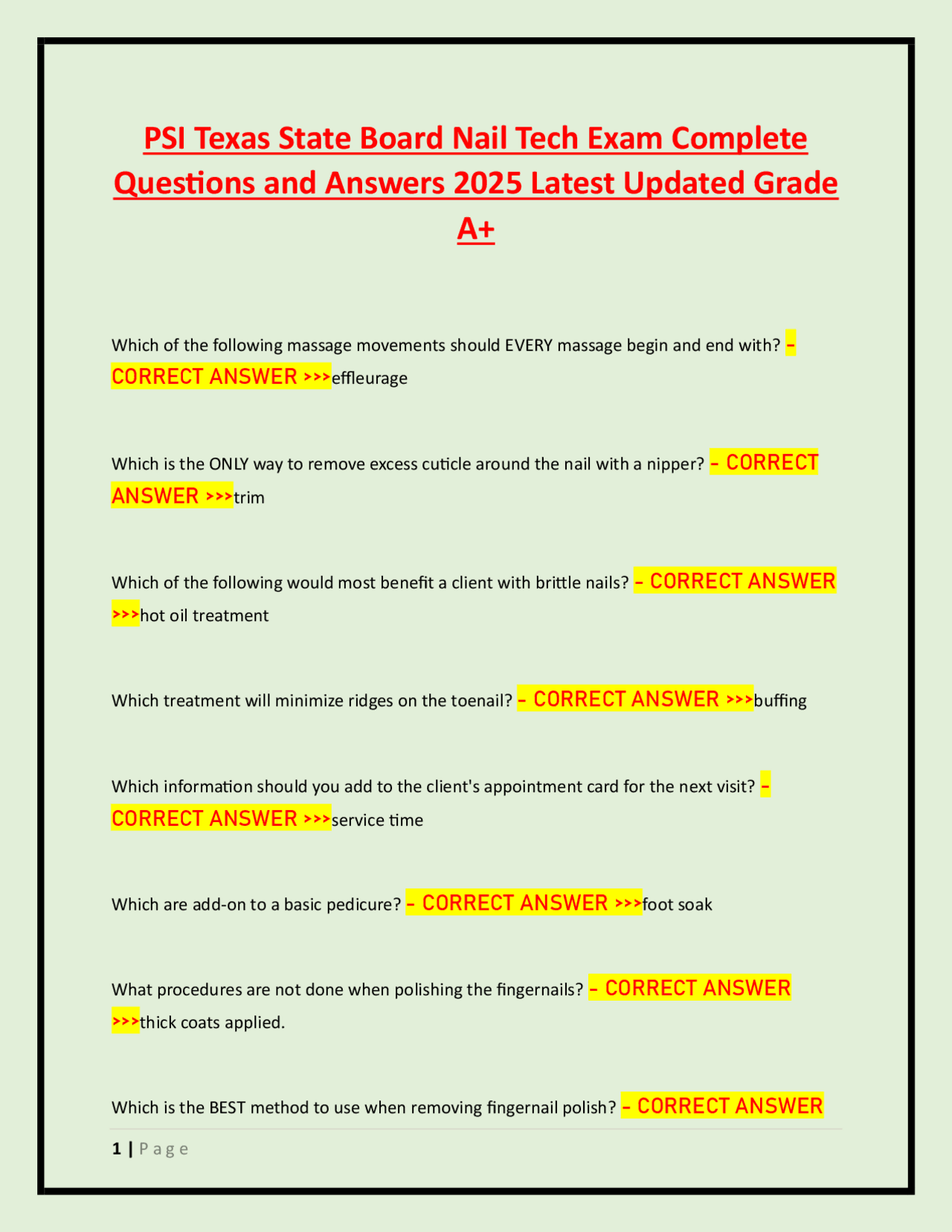 PSI Texas State Board Nail Tech Exam Complete Questions and Answers ...