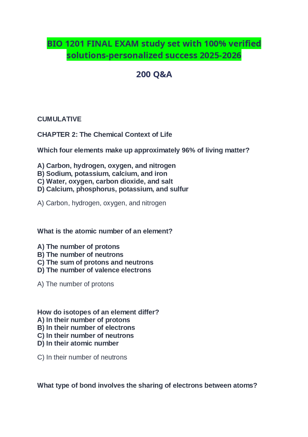 BIO 1201 FINAL EXAM study set with 100% verified solutions-personalized ...