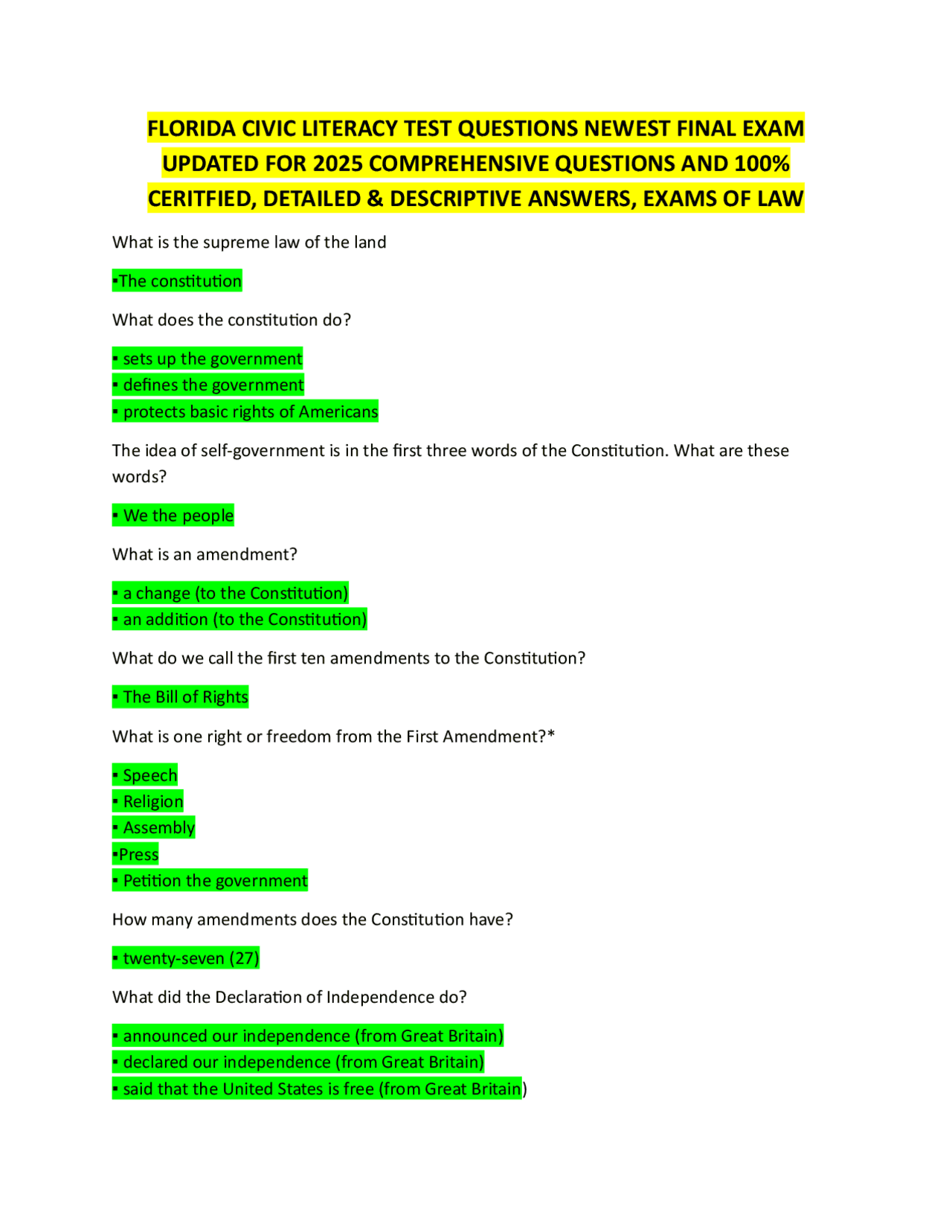 FLORIDA CIVIC LITERACY TEST QUESTIONS NEWEST FINAL EXAM UPDATED FOR ...
