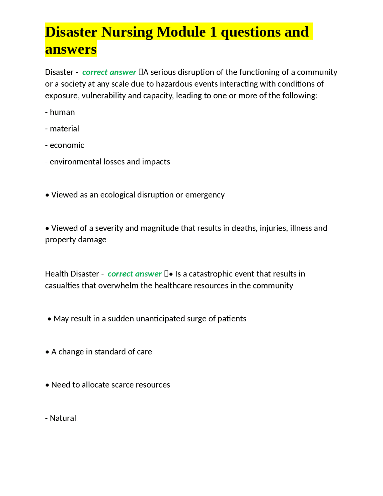 Disaster Nursing Module 1 questions and answers | Exams Nursing | Docsity