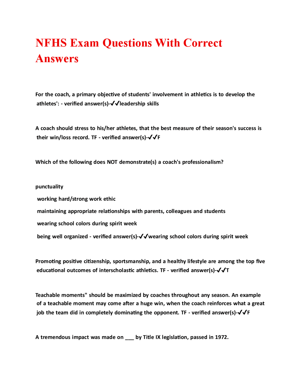 NFHS Coaching Exam: Questions and Answers for Interscholastic Athletics ...