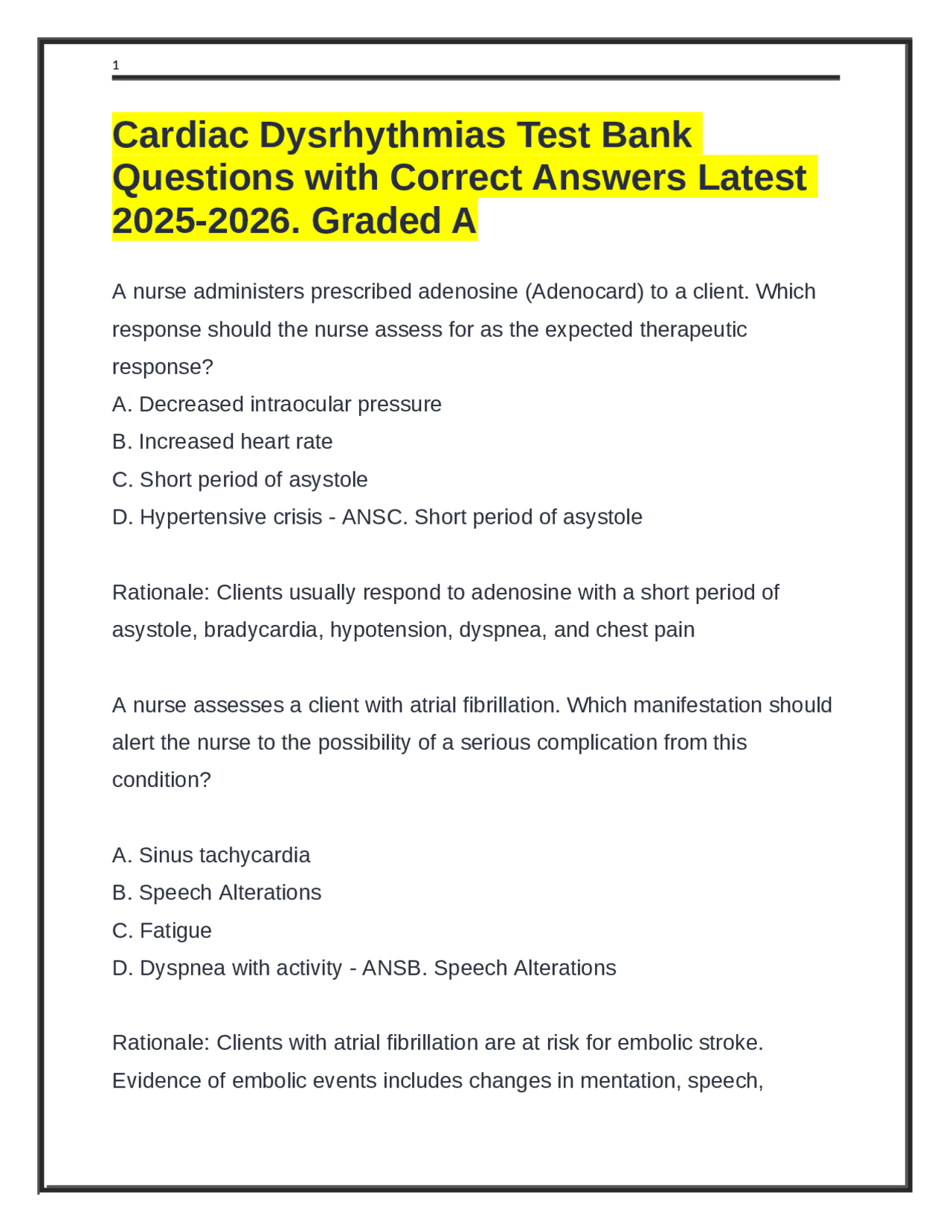 Cardiac Dysrhythmias Test Bank Questions with Correct Answers Latest ...
