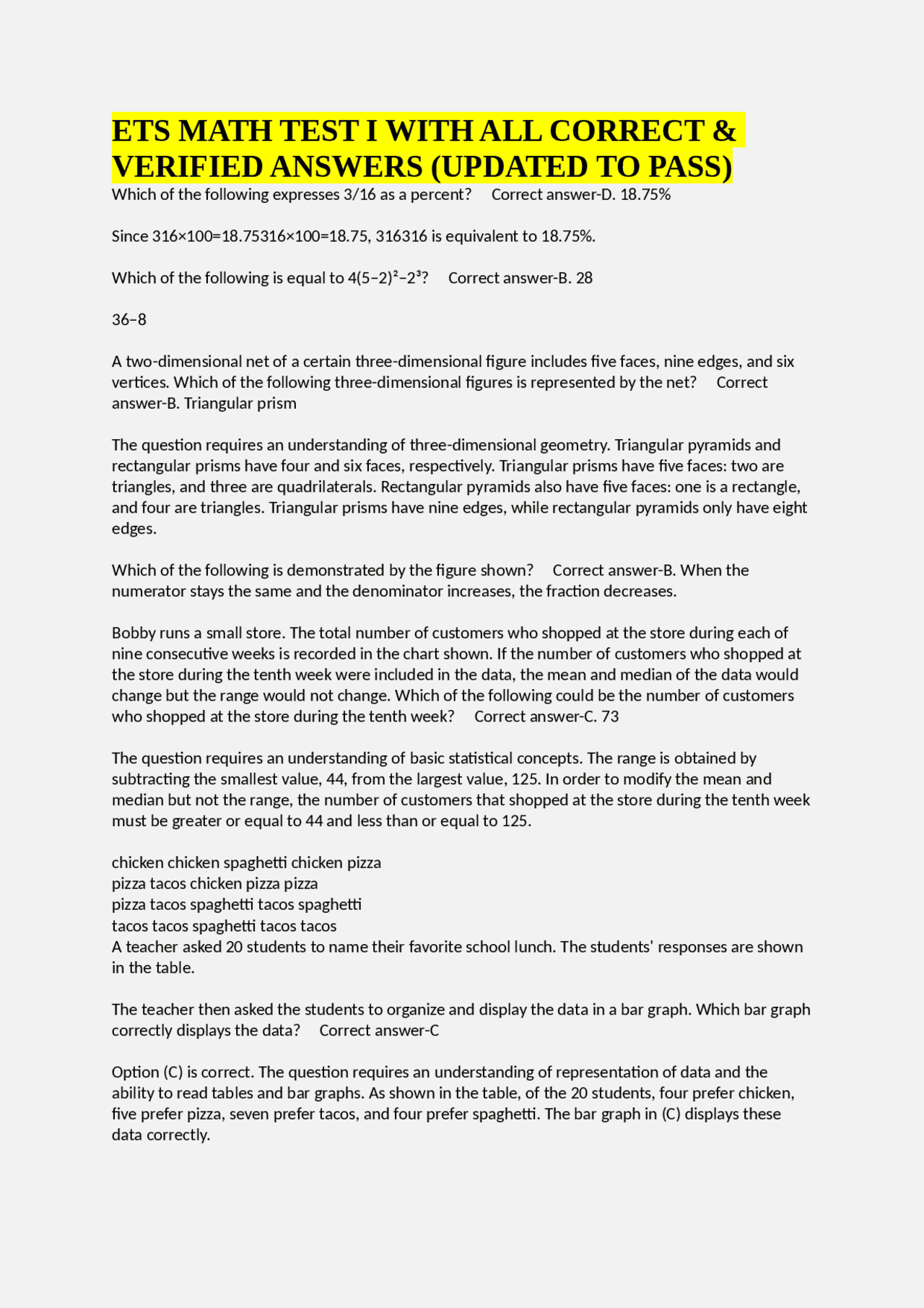 ETS MATH TEST I WITH ALL CORRECT & VERIFIED ANSWERS (UPDATED TO PASS ...