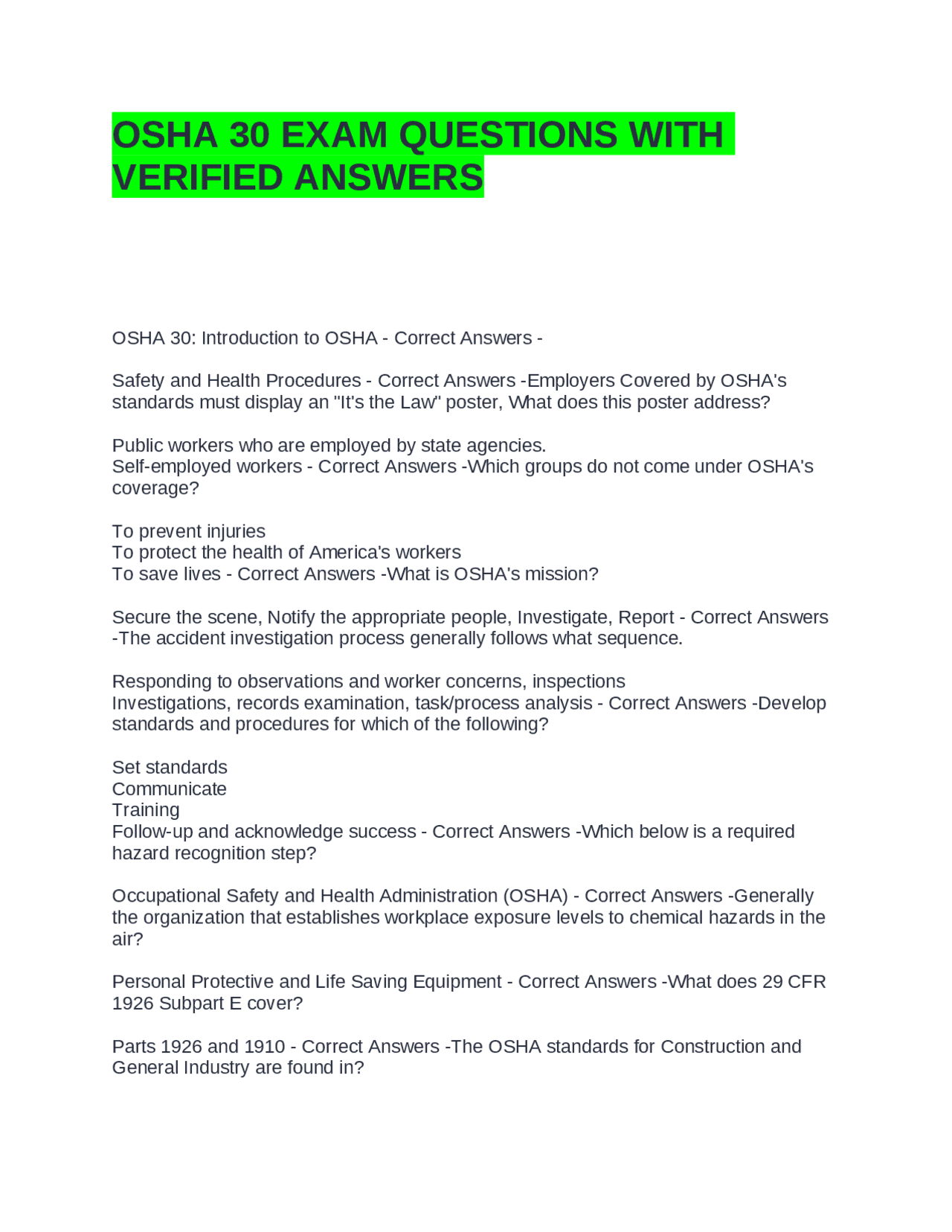 OSHA 30 EXAM QUESTIONS WITH VERIFIED ANSWERS 2025-2026 | Exams Advanced ...