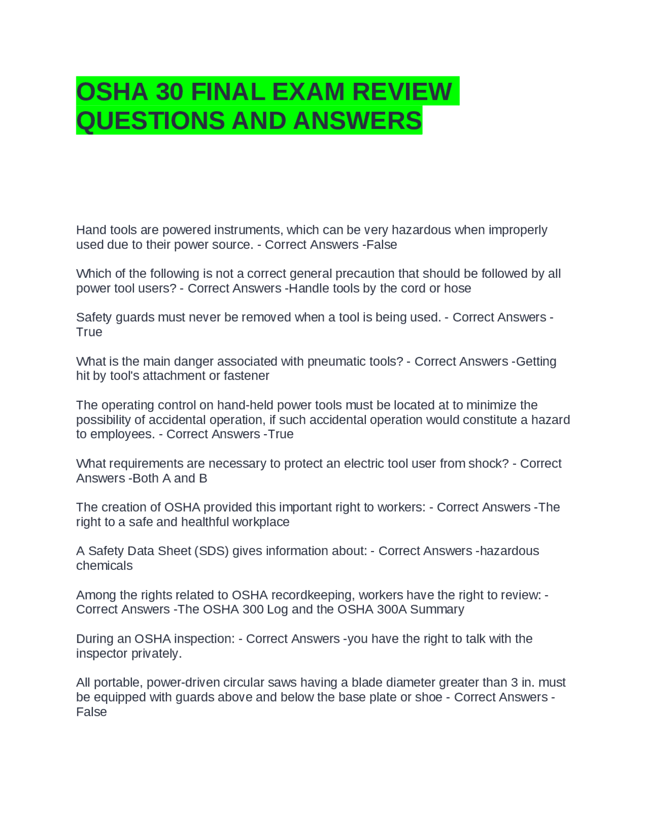 OSHA 30 FINAL EXAM REVIEW QUESTIONS AND ANSWERS | Exams Advanced ...