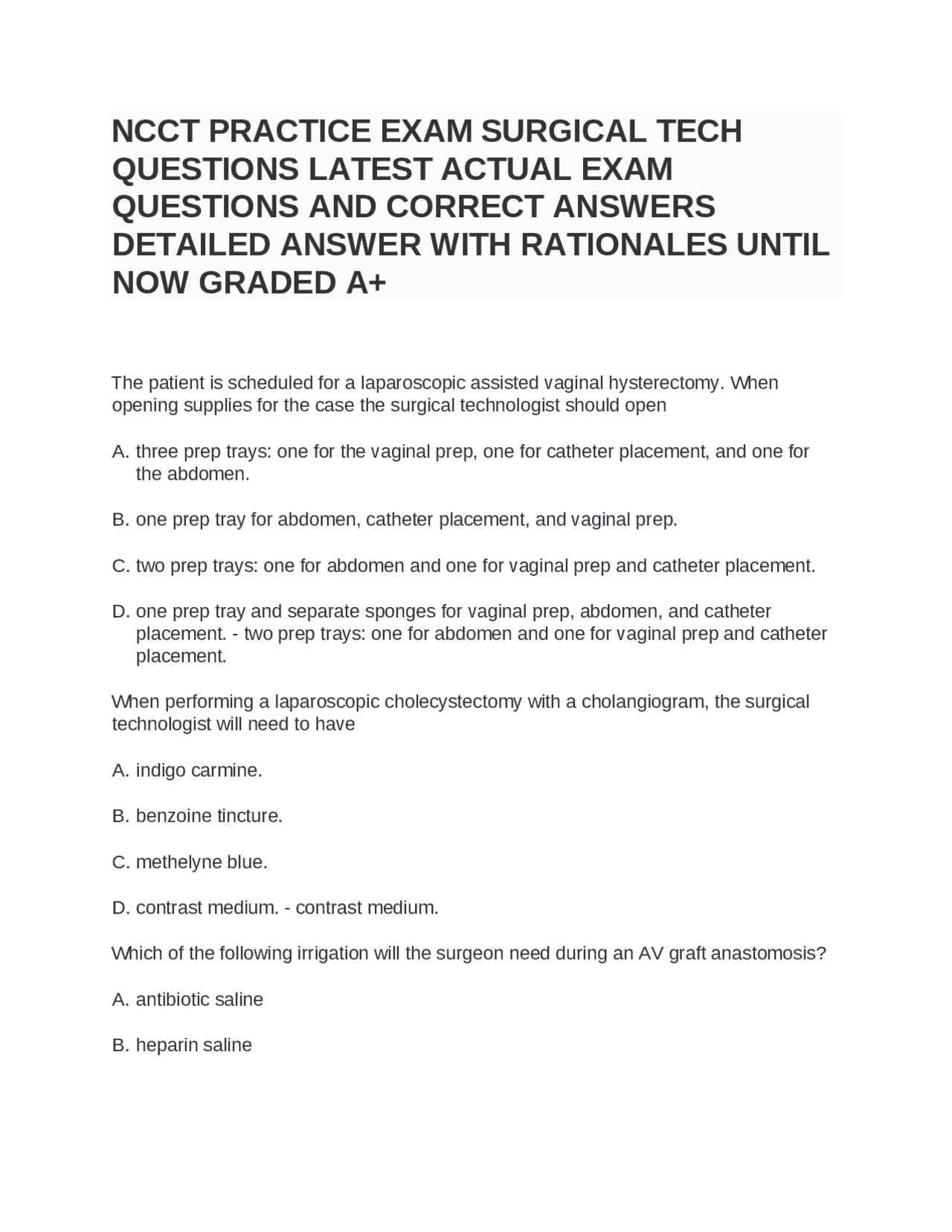 NCCT PRACTICE EXAM SURGICAL TECH QUESTIONS LATEST ACTUAL EXAM QUESTIONS ...