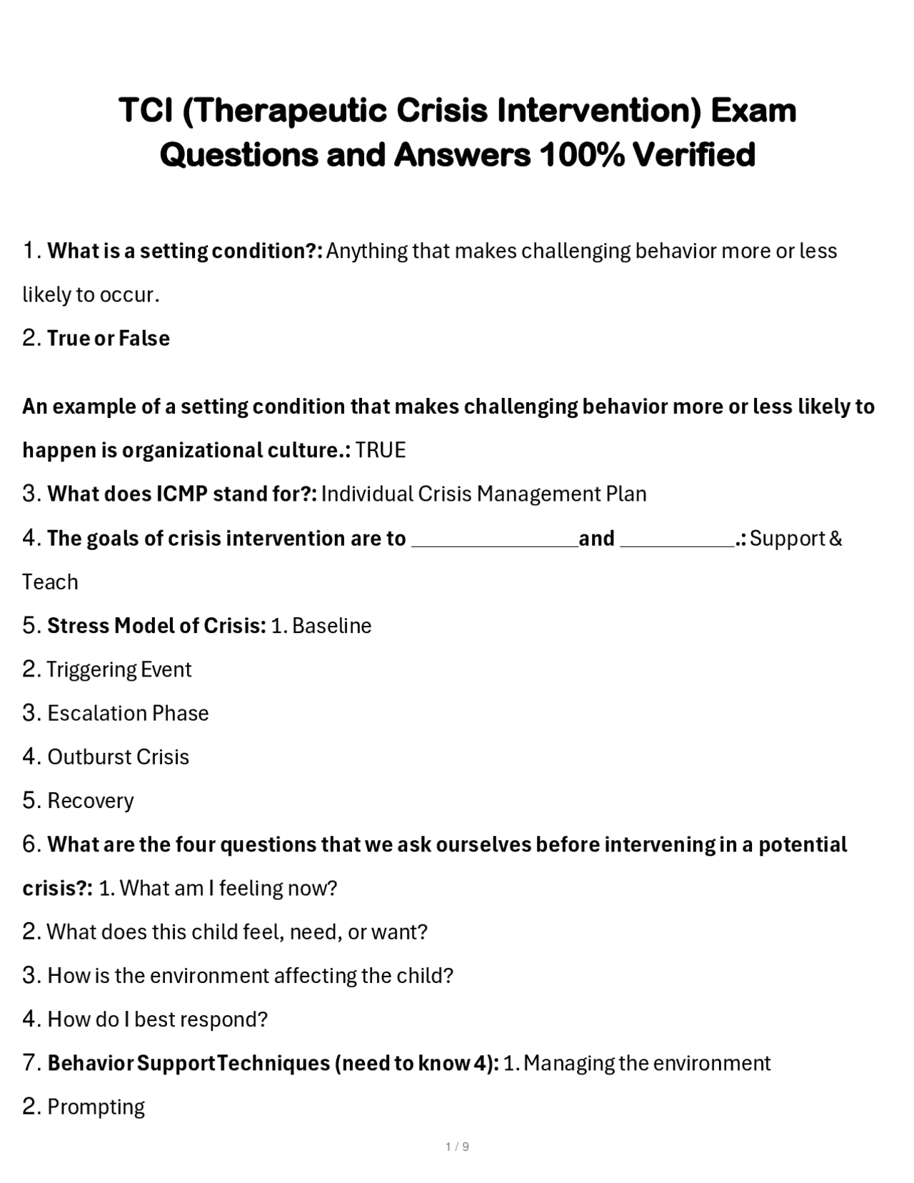 TCI (Therapeutic Crisis Intervention) Exam Questions and Answers 100% ...