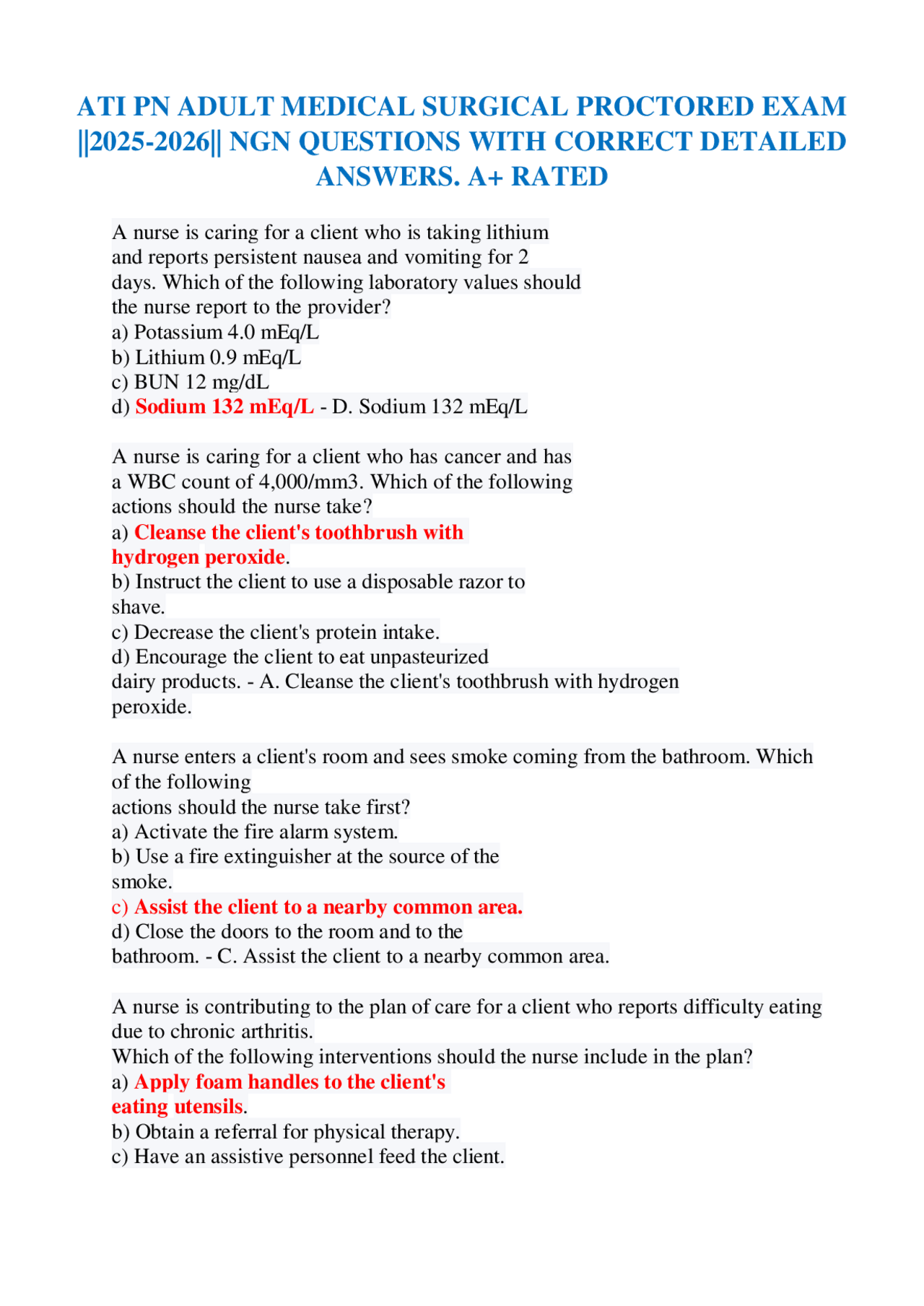 ATI PN ADULT MEDICAL SURGICAL PROCTORED EXAM ||2025-2026|| NGN QUESTIONS WITH ANSWERS | Exams ...