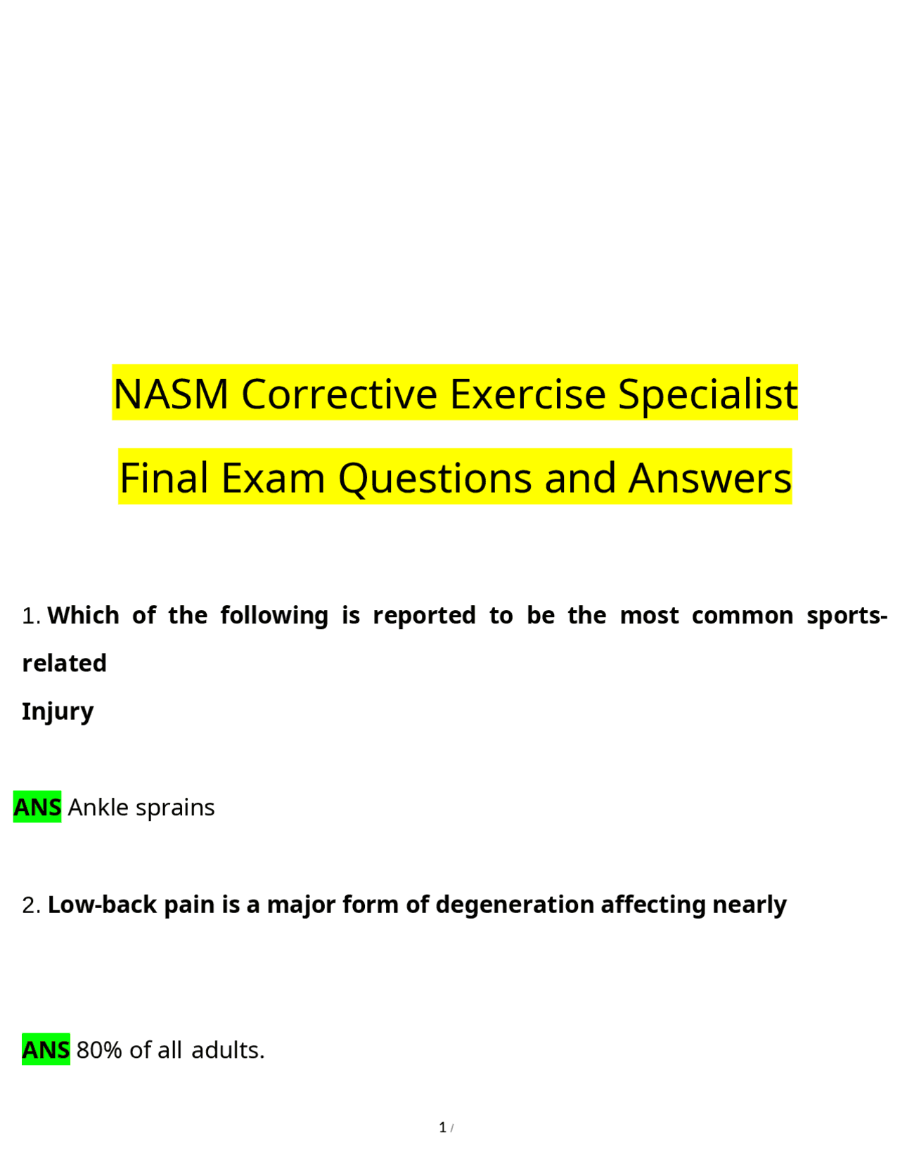 NASM Corrective Exercise Specialist Final Exam Questions and Answers ...