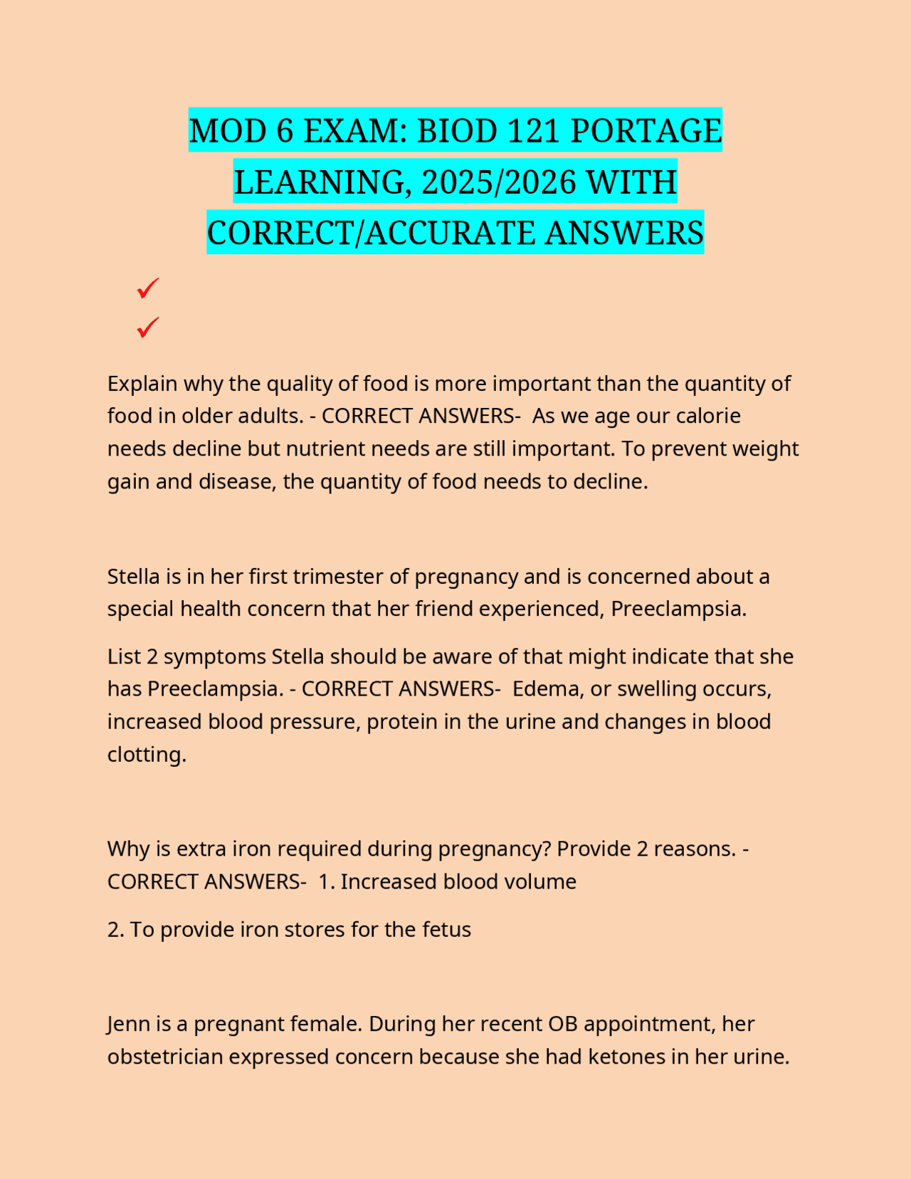 MOD 6 EXAM: BIOD 121 PORTAGE LEARNING, 2025/2026 WITH CORRECT/ACCURATE ANSWERS | Exams Advanced ...