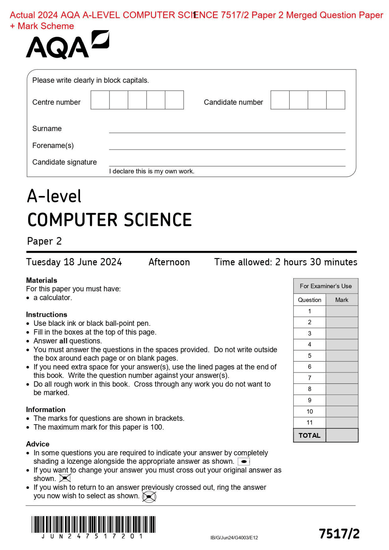 Actual 2024 AQA A-LEVEL COMPUTER SCIENCE 7517/2 Paper 2 Merged Question ...